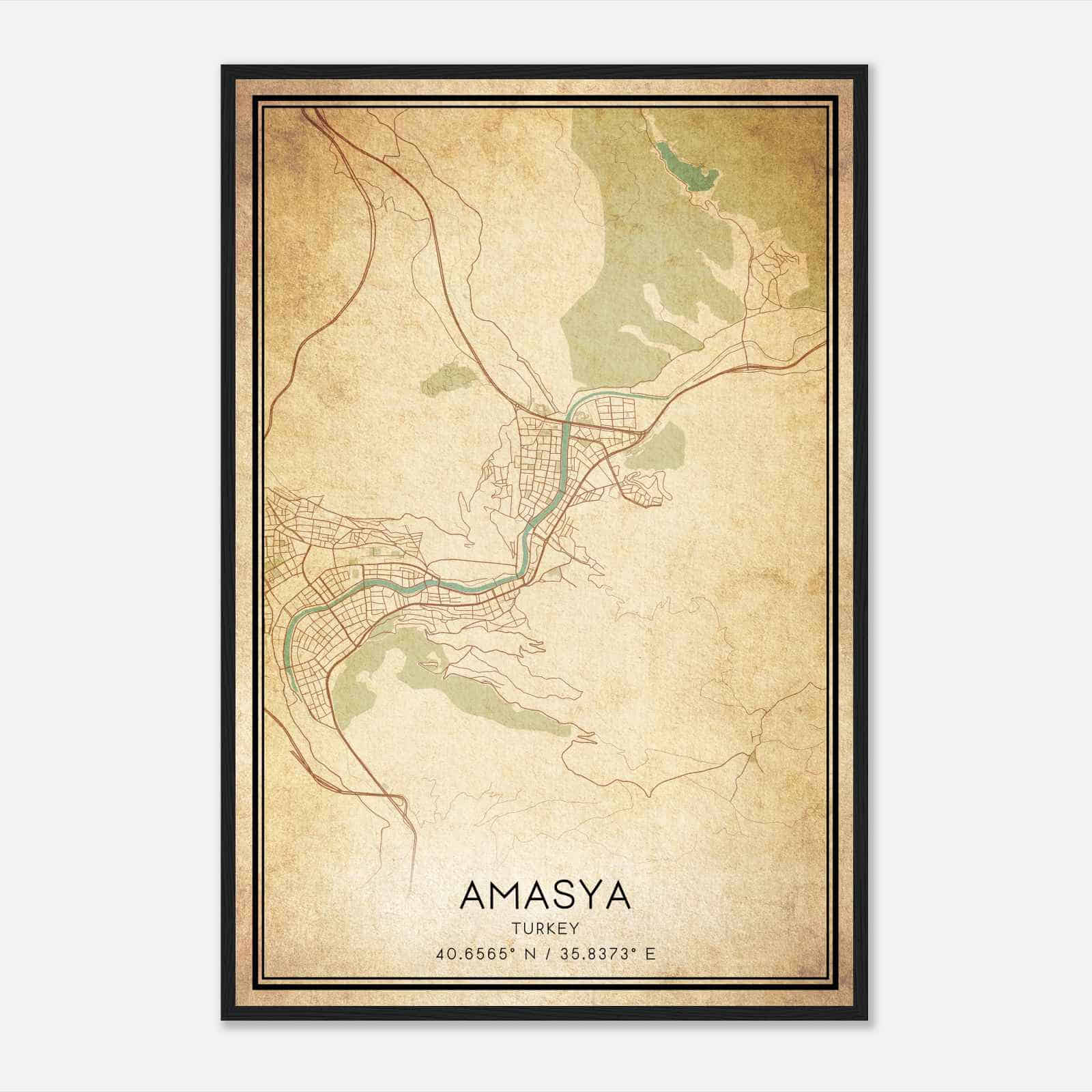 Vintage Amasya Turkey Map Poster, Amasya City Road Wall Art Print - Custom Maps & Posters