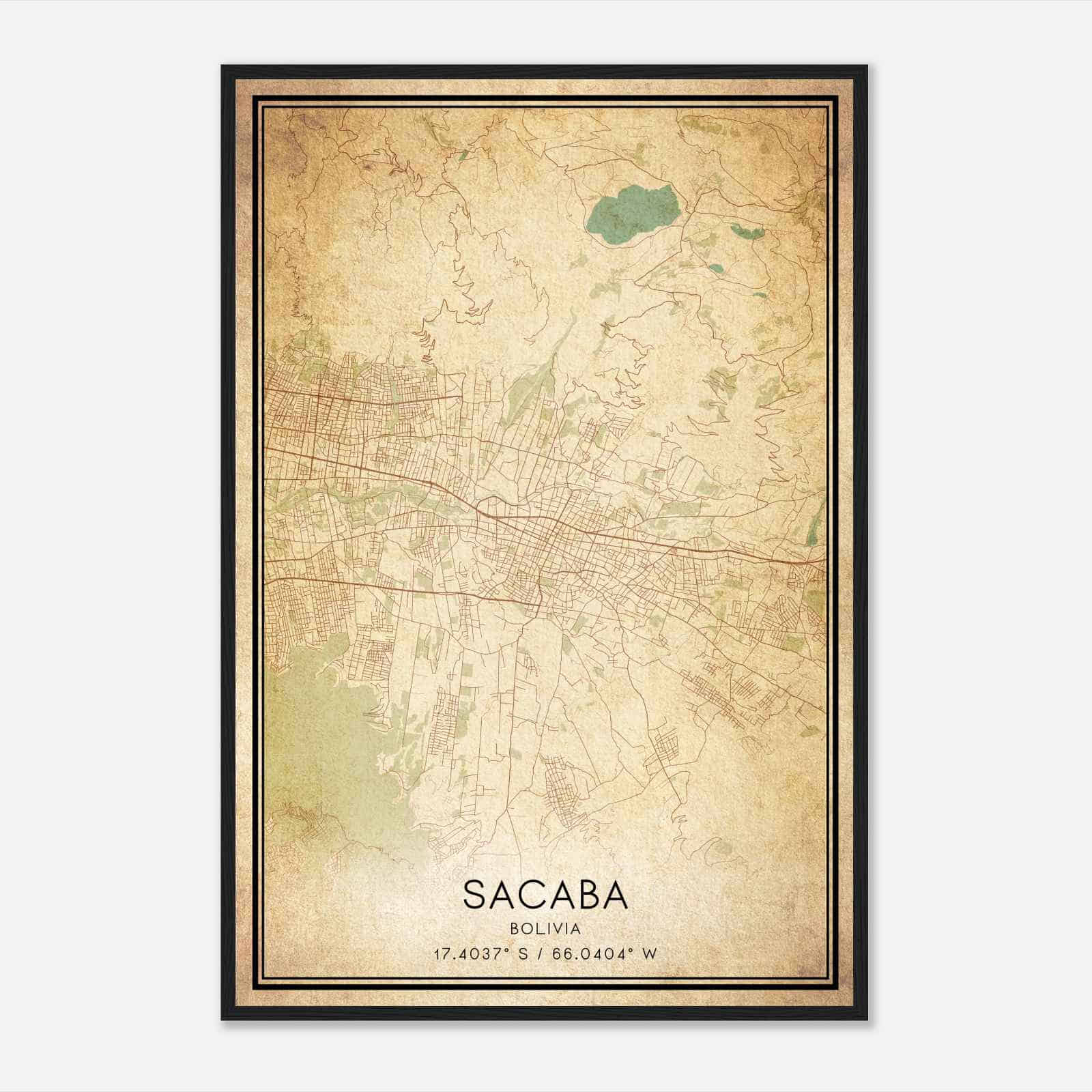 Vintage Sacaba Bolivia Map Poster, Sacaba City Road Wall Art Print ...