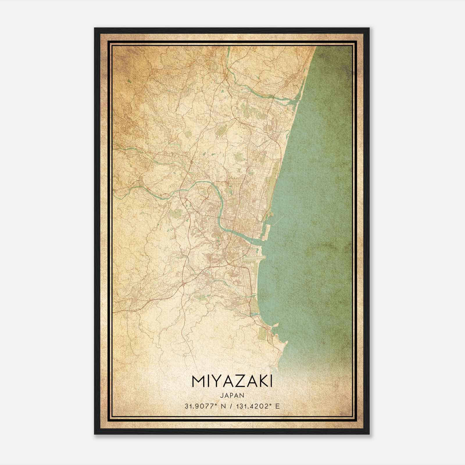 Vintage Miyazaki Japan Map Poster, Miyazaki City Road Wall Art Print ...
