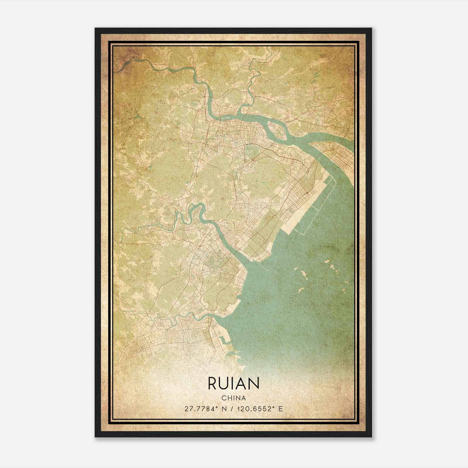 Vintage Ruian China Map Poster, Ruian City Road Wall Art Print - Custom Maps & Posters