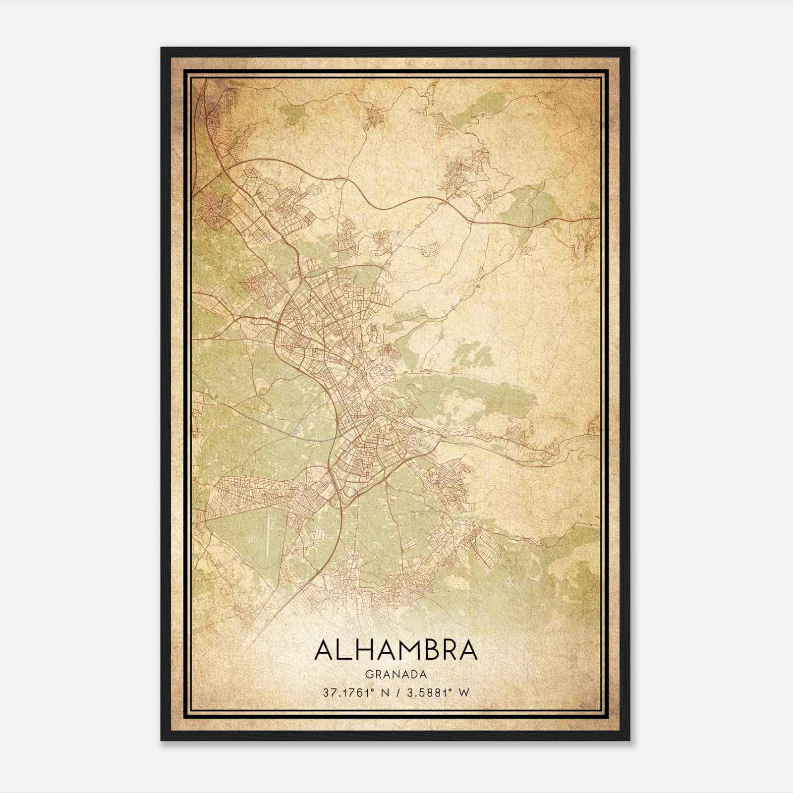 Vintage Alhambra Granada Map Poster, Alhambra City Road Wall Art Print ...
