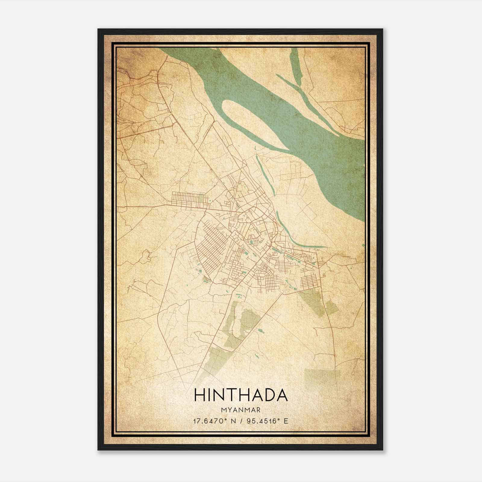 Vintage Hinthada Myanmar Map Poster, Hinthada City Road Wall Art Print - Custom Maps & Posters