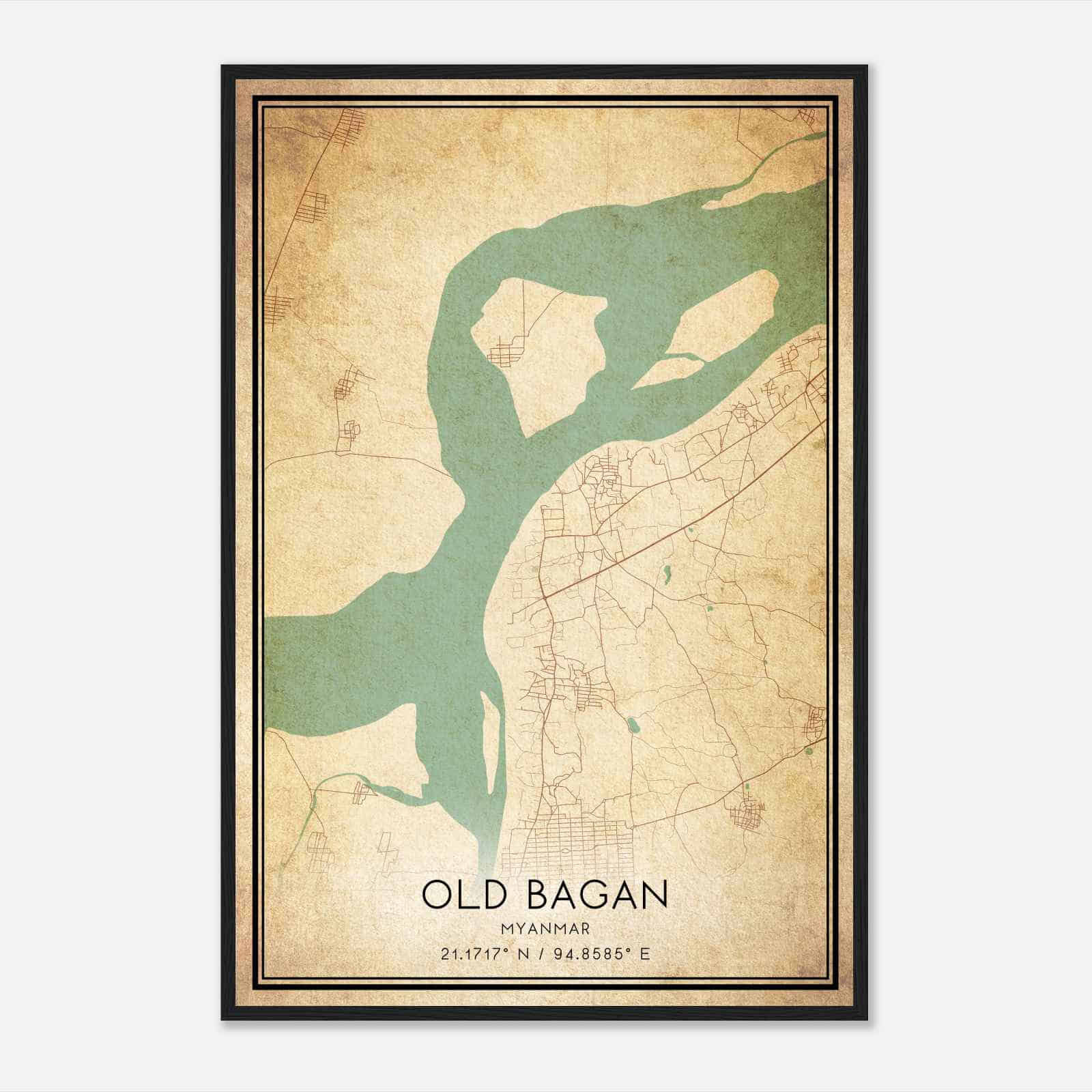 Vintage Old Bagan Myanmar Map Poster, Old Bagan City Road Wall Art ...