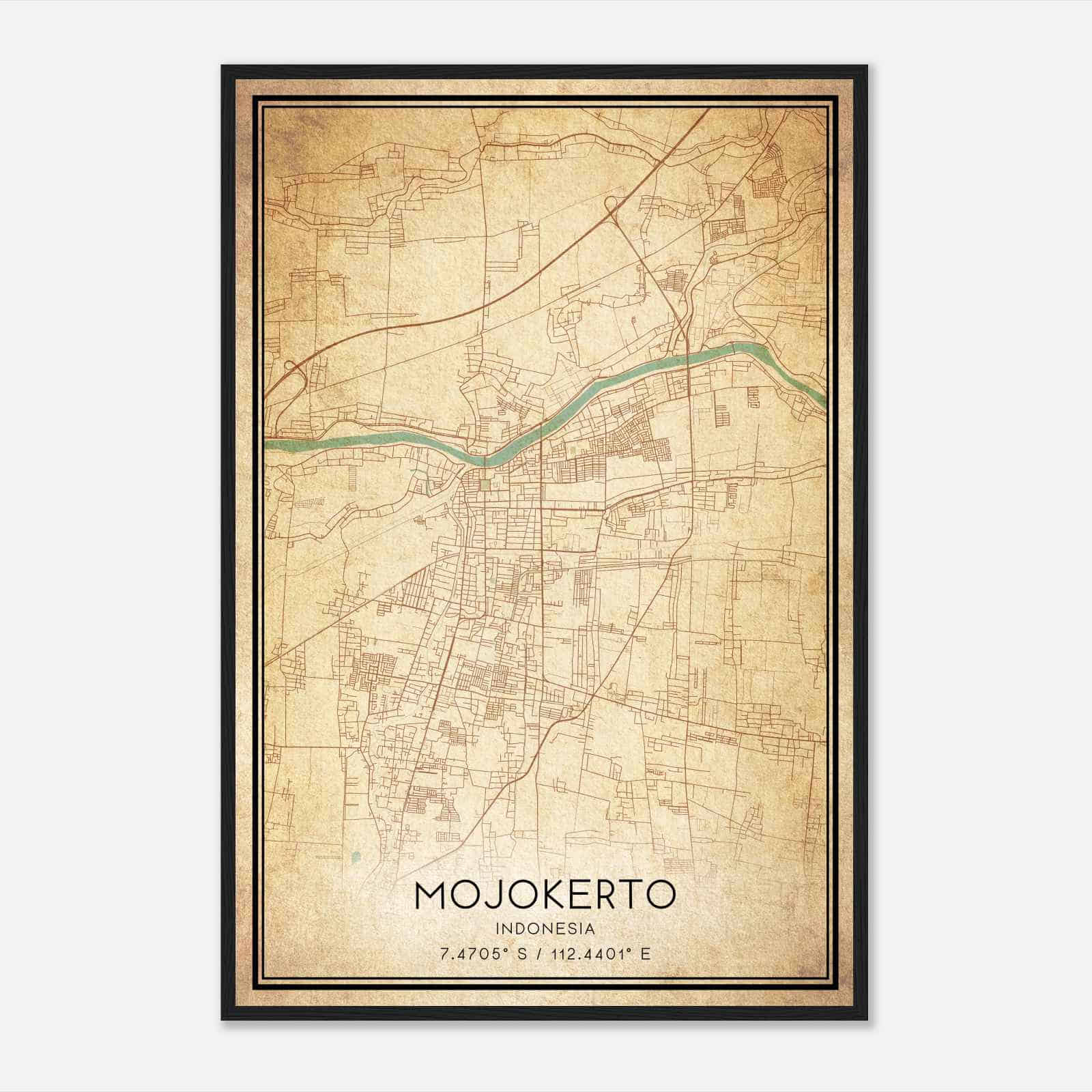 Vintage Mojokerto Indonesia Map Poster, Mojokerto City Road Wall Art ...
