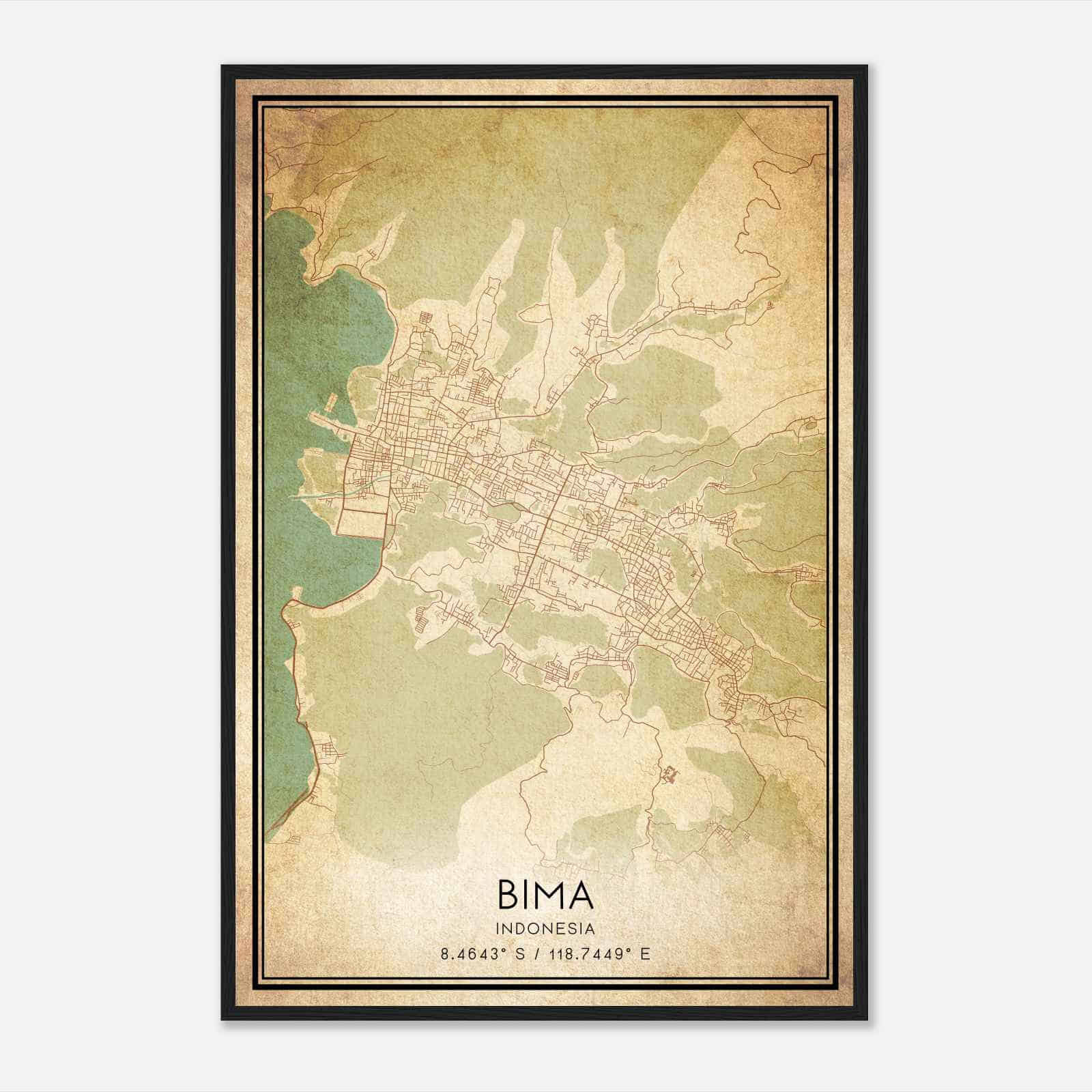 Vintage Bima Indonesia Map Poster, Bima City Road Wall Art Print ...