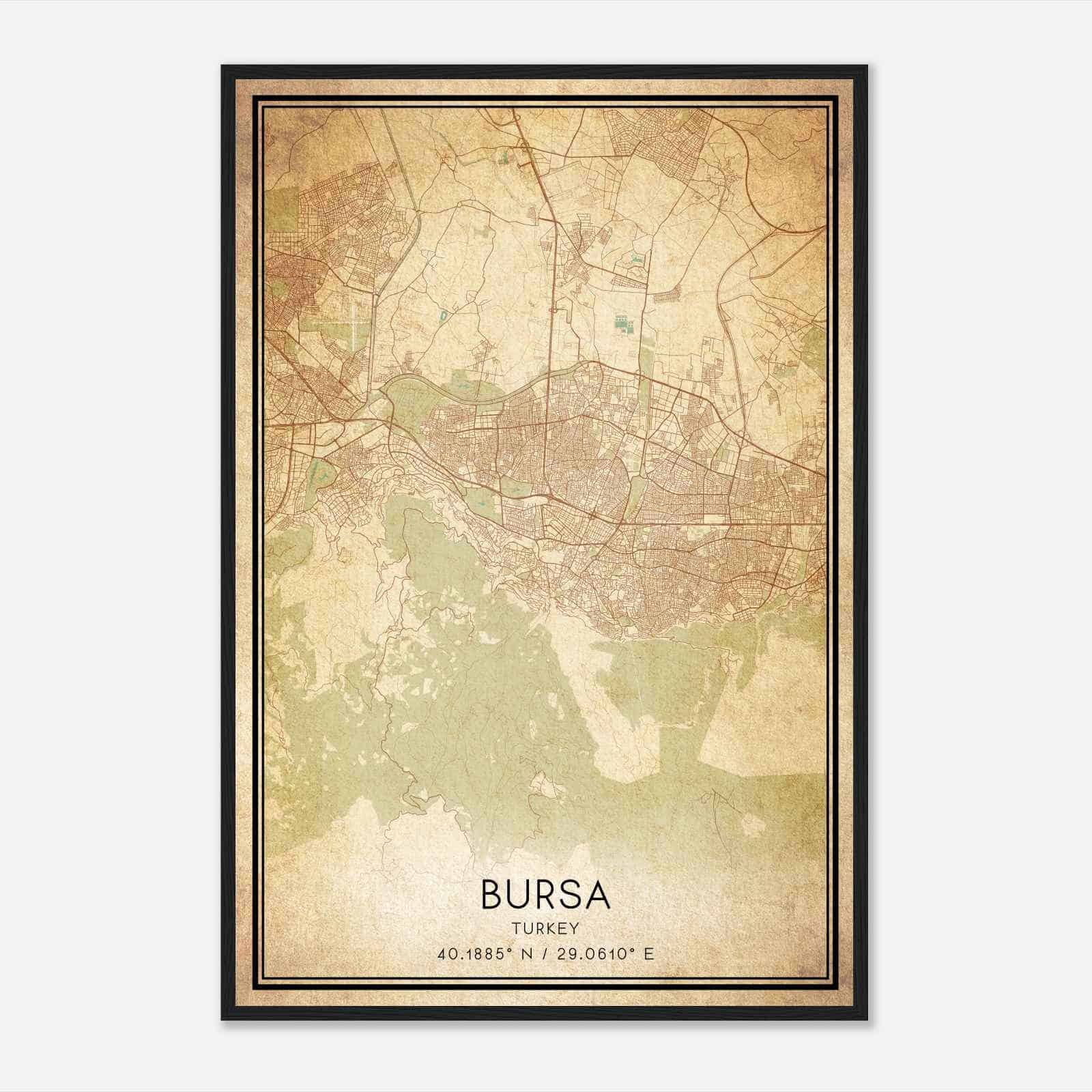 Vintage Bursa Turkey Map Poster, Bursa City Road Wall Art Print ...