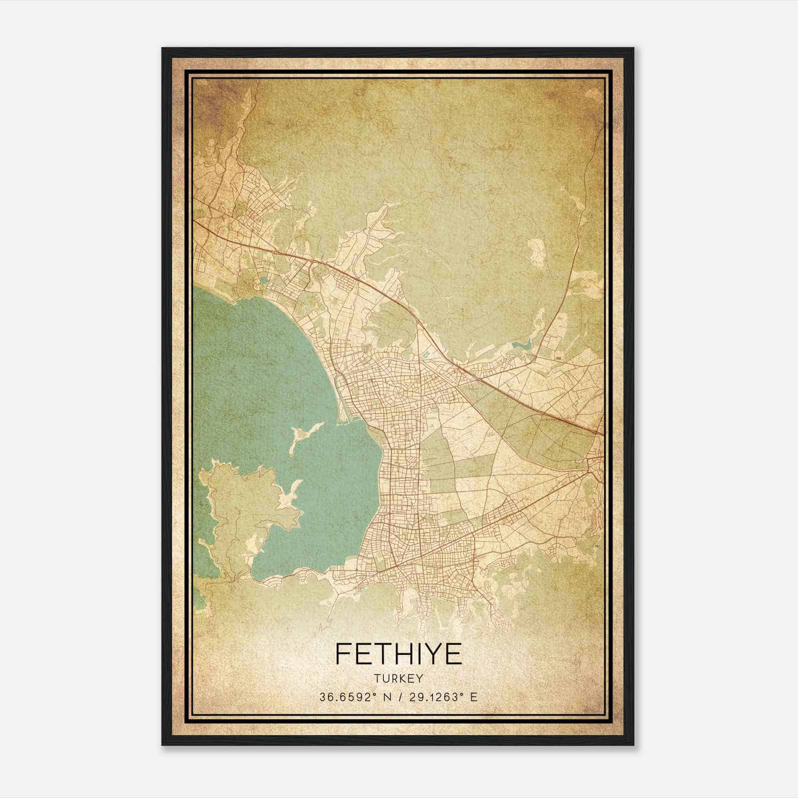 Vintage Fethiye Turkey Map Poster, Fethiye City Road Wall Art Print ...