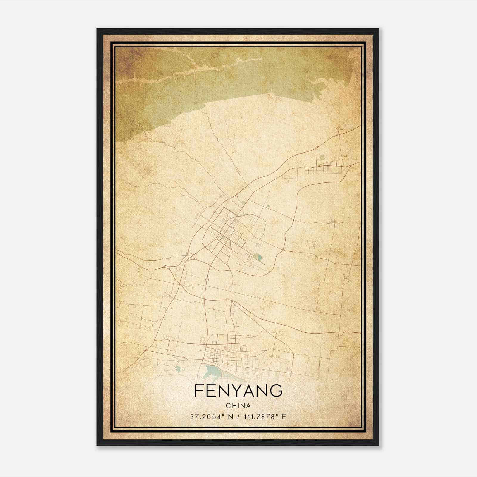 Vintage Fenyang China Map Poster, Fenyang City Road Wall Art Print ...