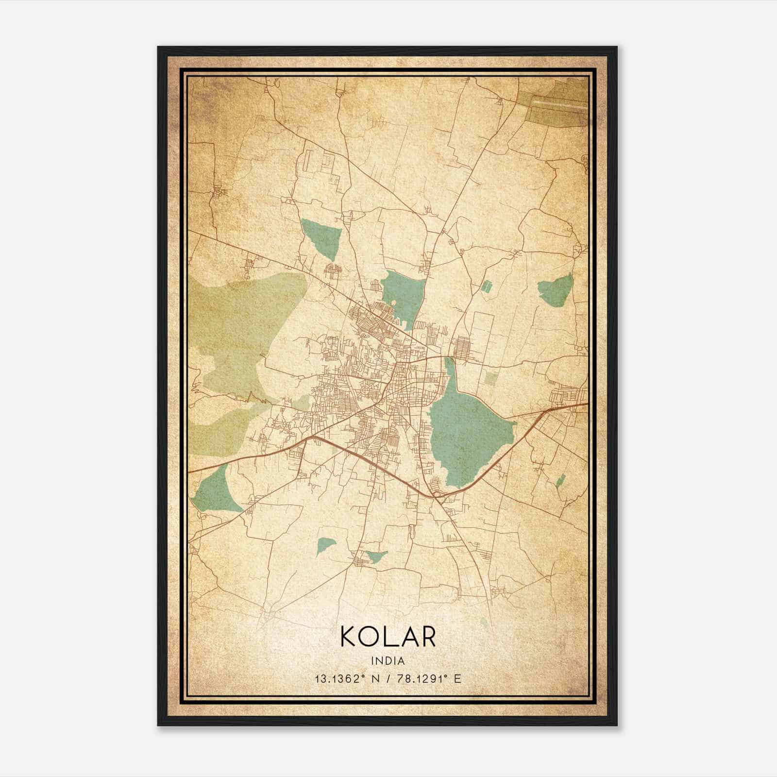 Vintage Kolar India Map Poster, Kolar City Road Wall Art Print - Custom ...