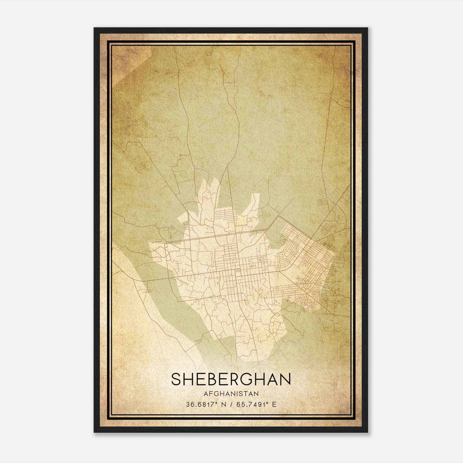 Vintage Sheberghan Afghanistan Map Poster, Sheberghan City Road Wall ...
