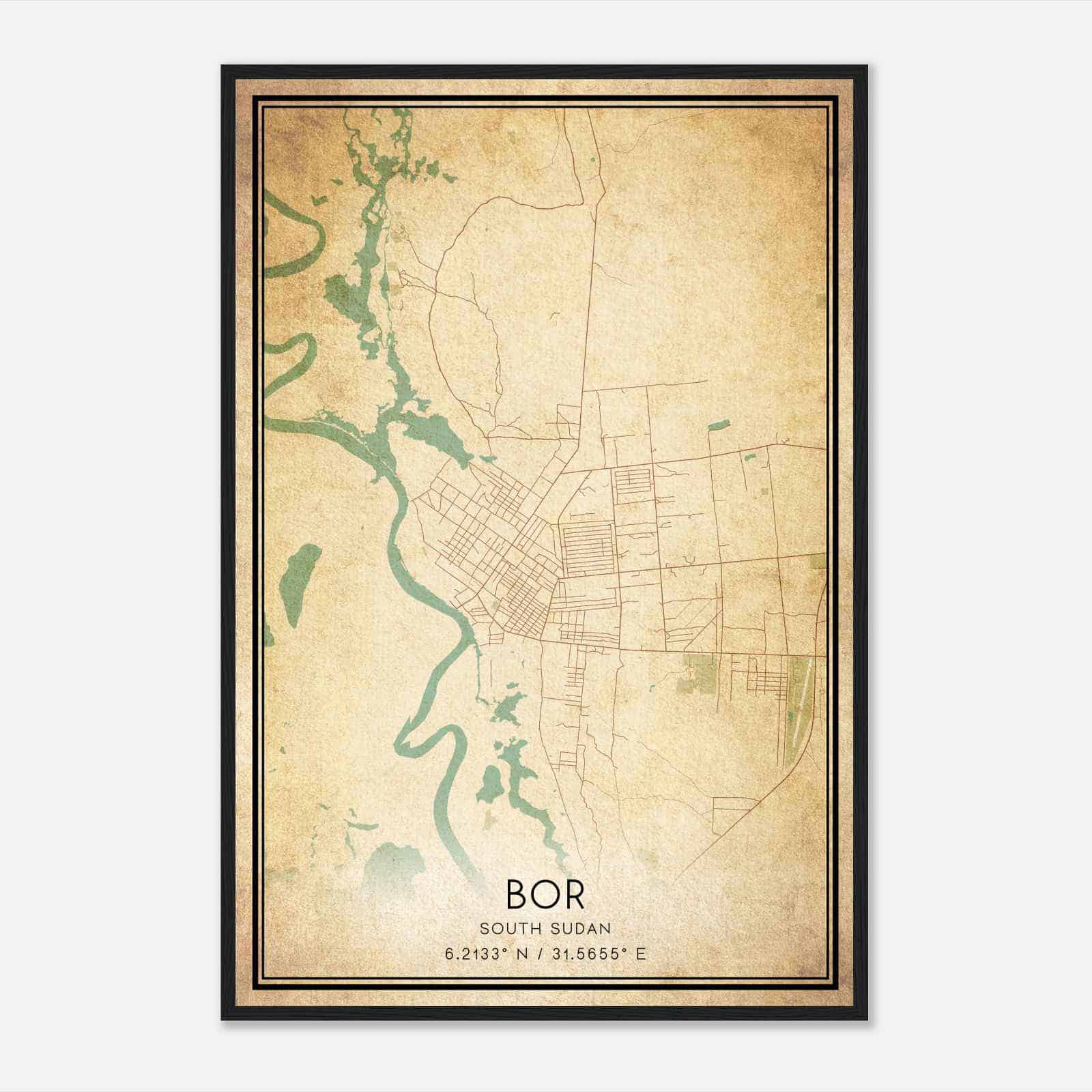 Vintage Bor South Sudan Map Poster, Bor City Road Wall Art Print ...