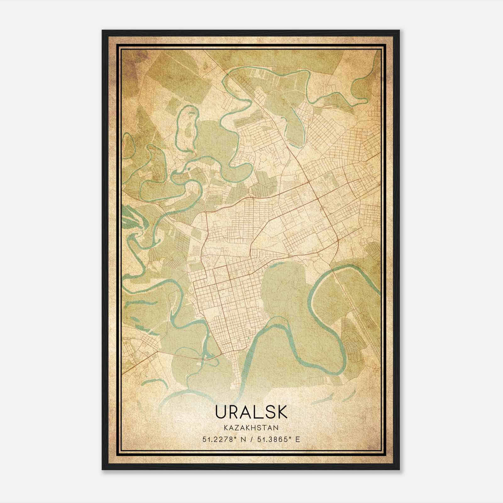 Vintage Uralsk Kazakhstan Map Poster, Uralsk City Road Wall Art Print ...