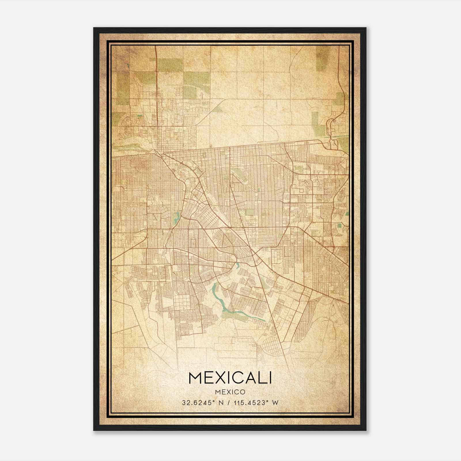 Vintage Mexicali Mexico Map Poster, Mexicali City Road Wall Art Print ...