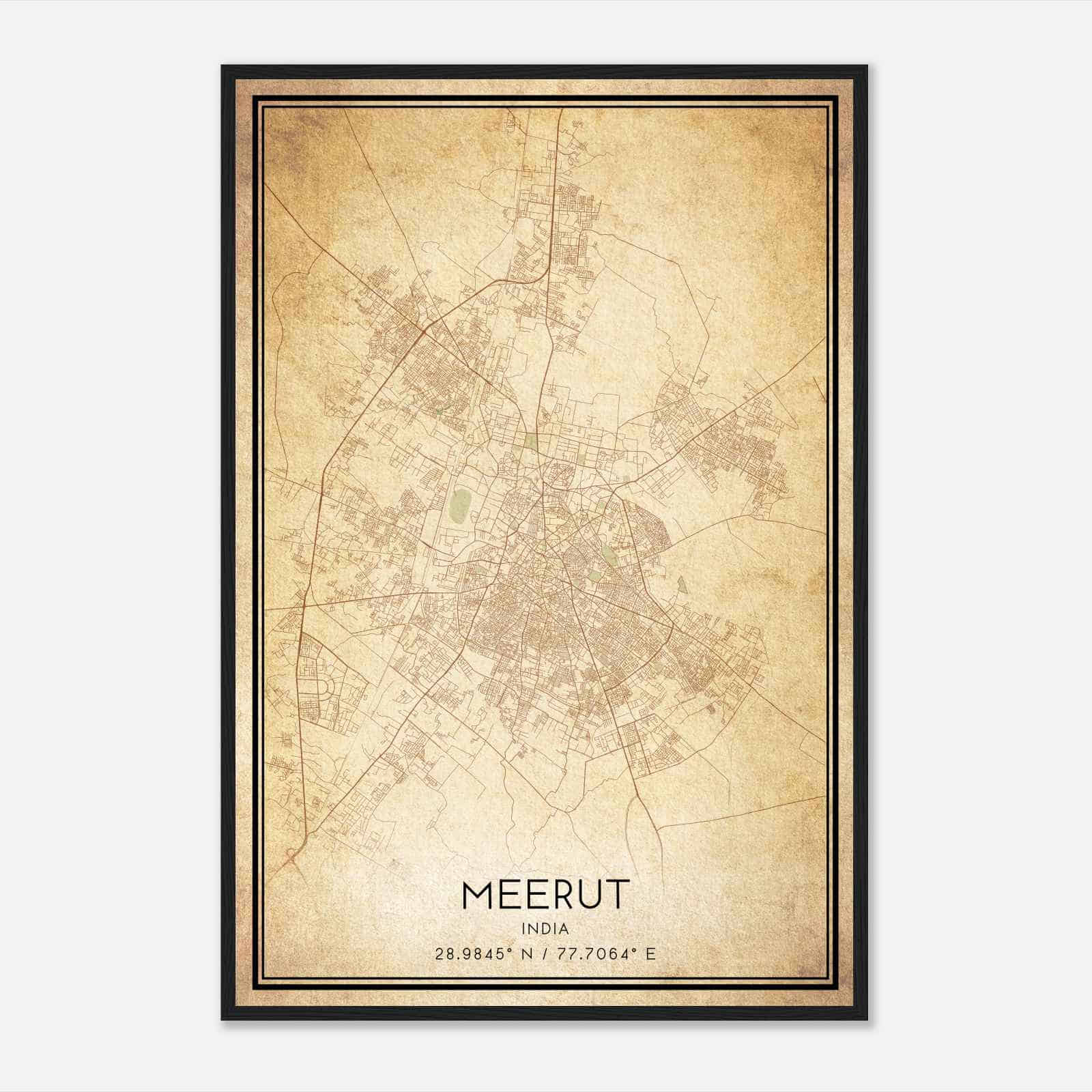 Vintage Meerut India Map Poster, Meerut City Road Wall Art Print ...