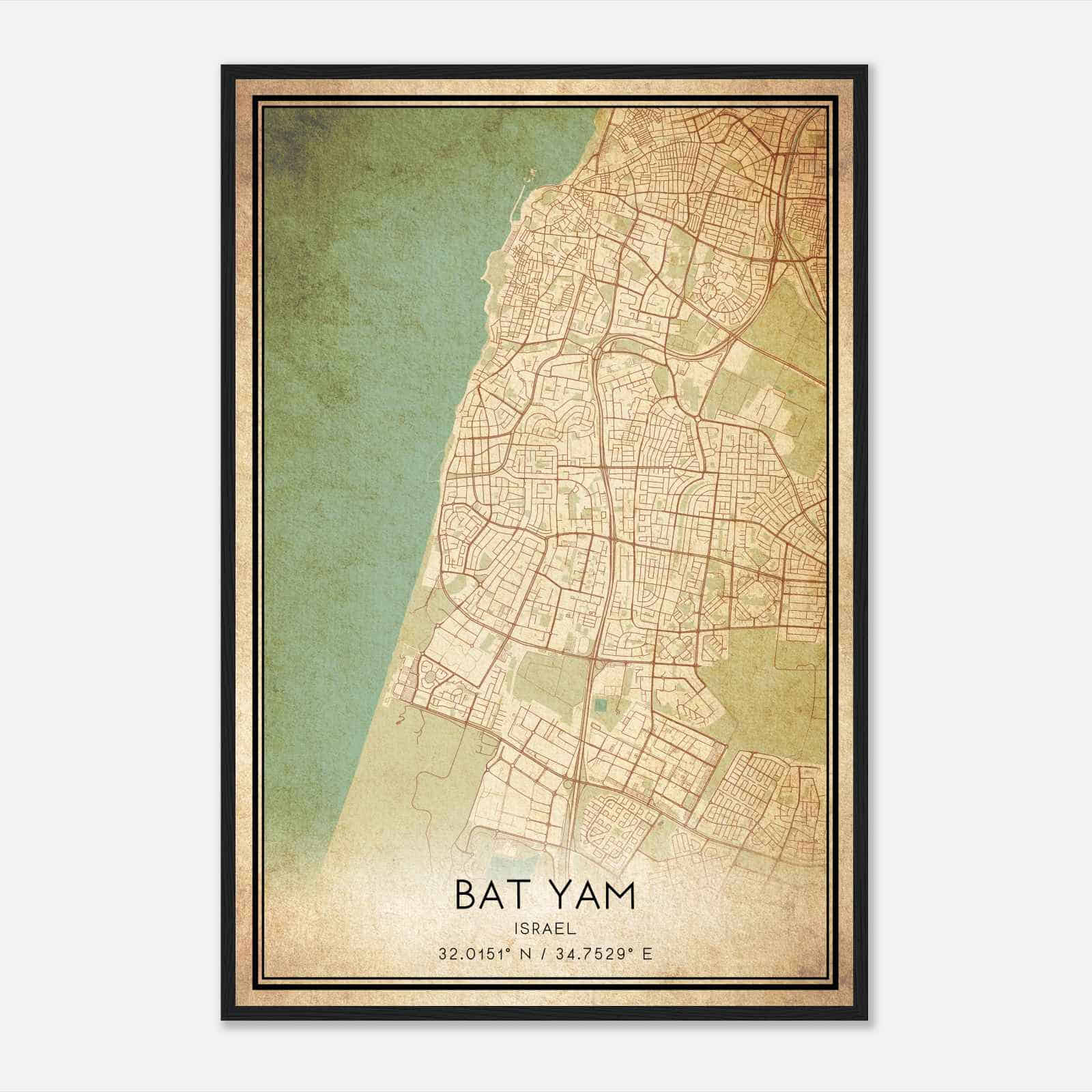 Vintage Bat Yam Israel Map Poster, Bat Yam City Road Wall Art Print ...