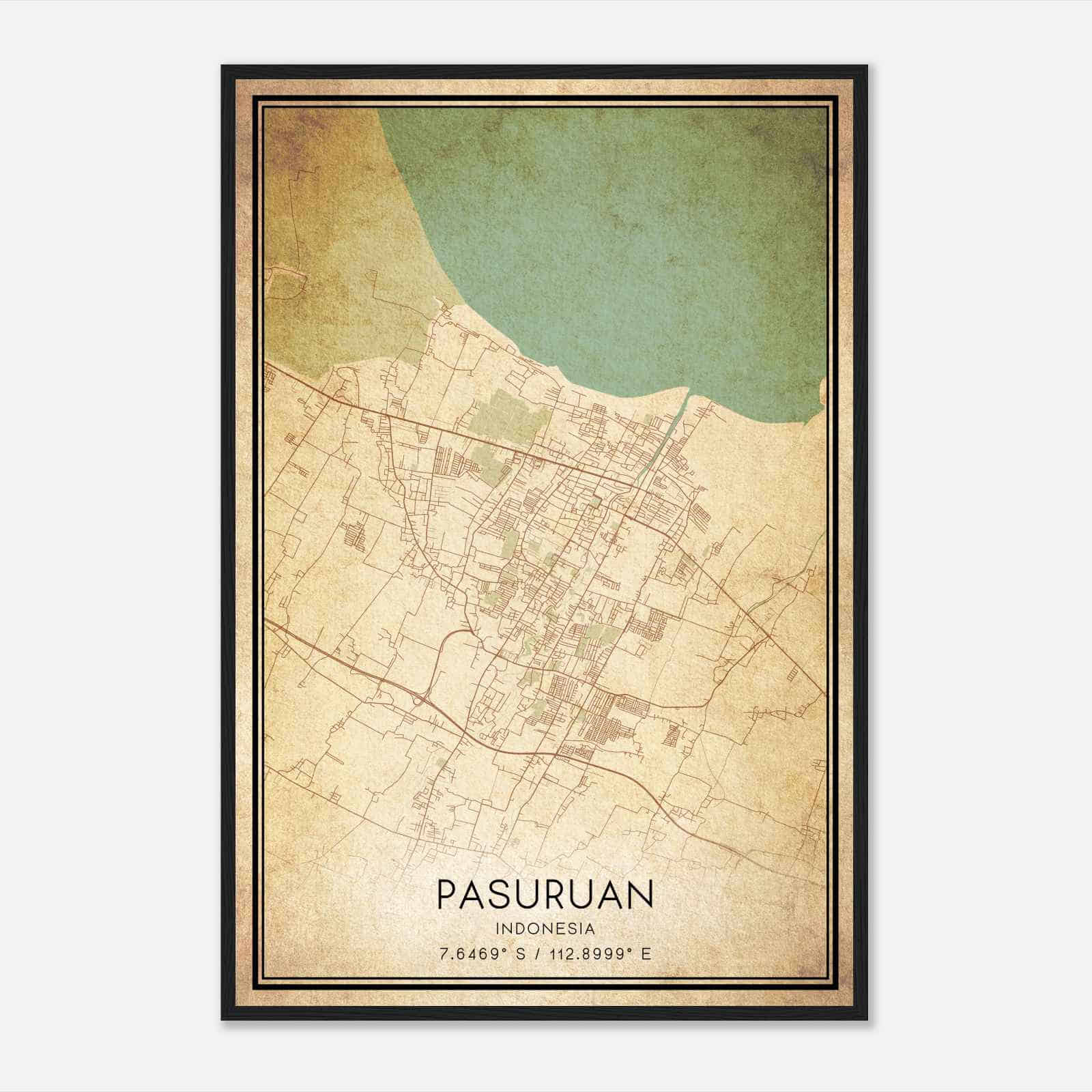 Vintage Pasuruan Indonesia Map Poster, Pasuruan City Road Wall Art ...