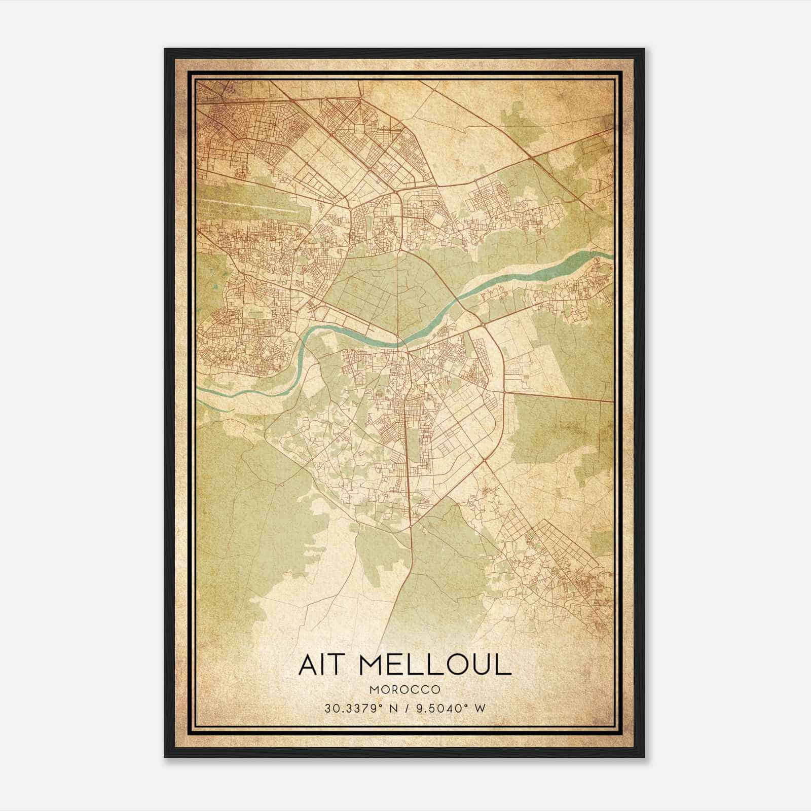 Vintage Ait Melloul Morocco Map Poster, Ait Melloul City Road Wall Art Print - Custom Maps & Posters