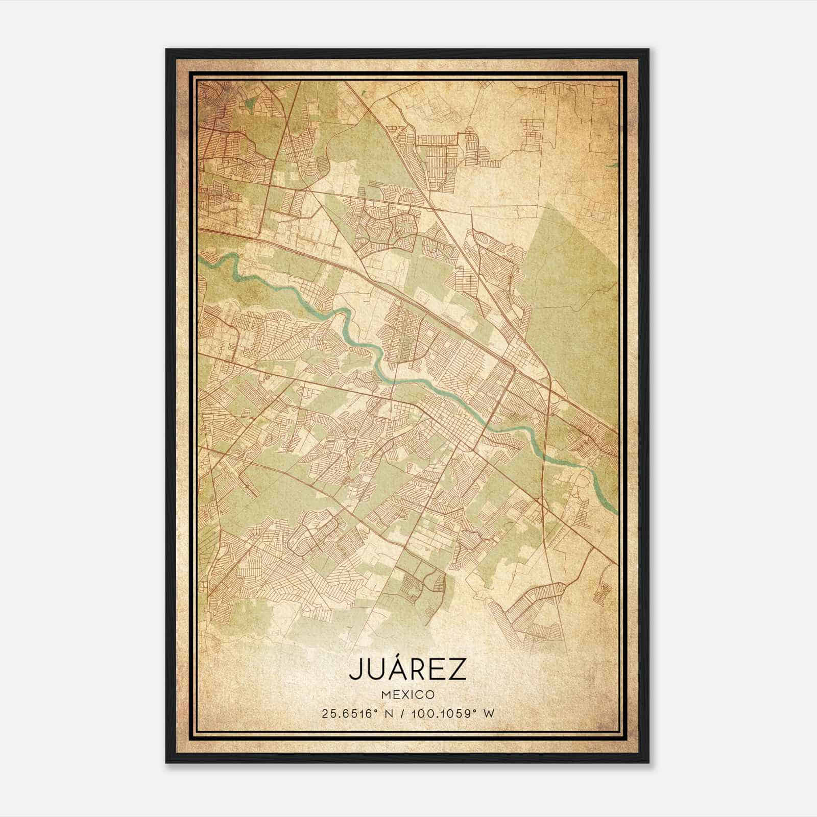 Vintage Juarez Mexico Map Poster, Juarez City Road Wall Art Print - Custom Maps & Posters