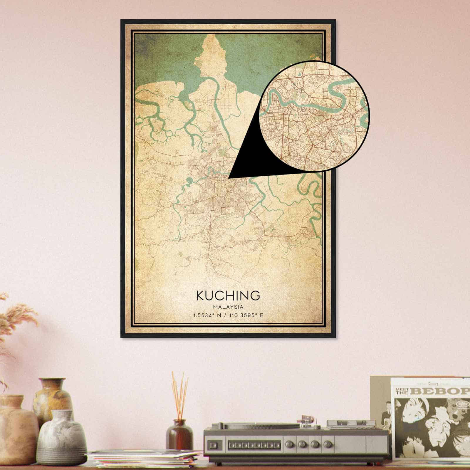 Vintage Kuching Malaysia Map Poster, Kuching City Road Wall Art Print - Custom Maps & Posters