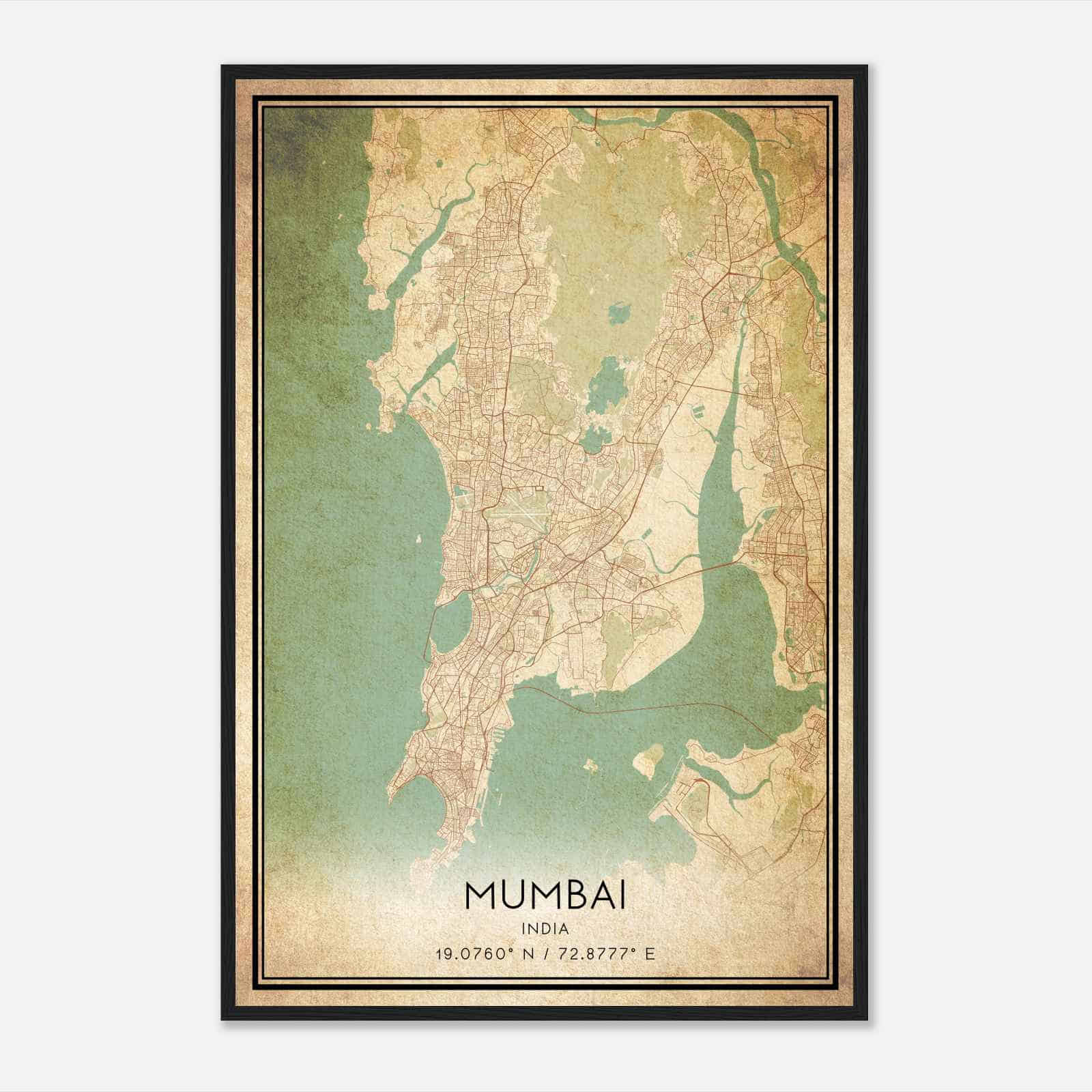 Vintage Mumbai India Map Poster, Mumbai City Road Wall Art Print ...