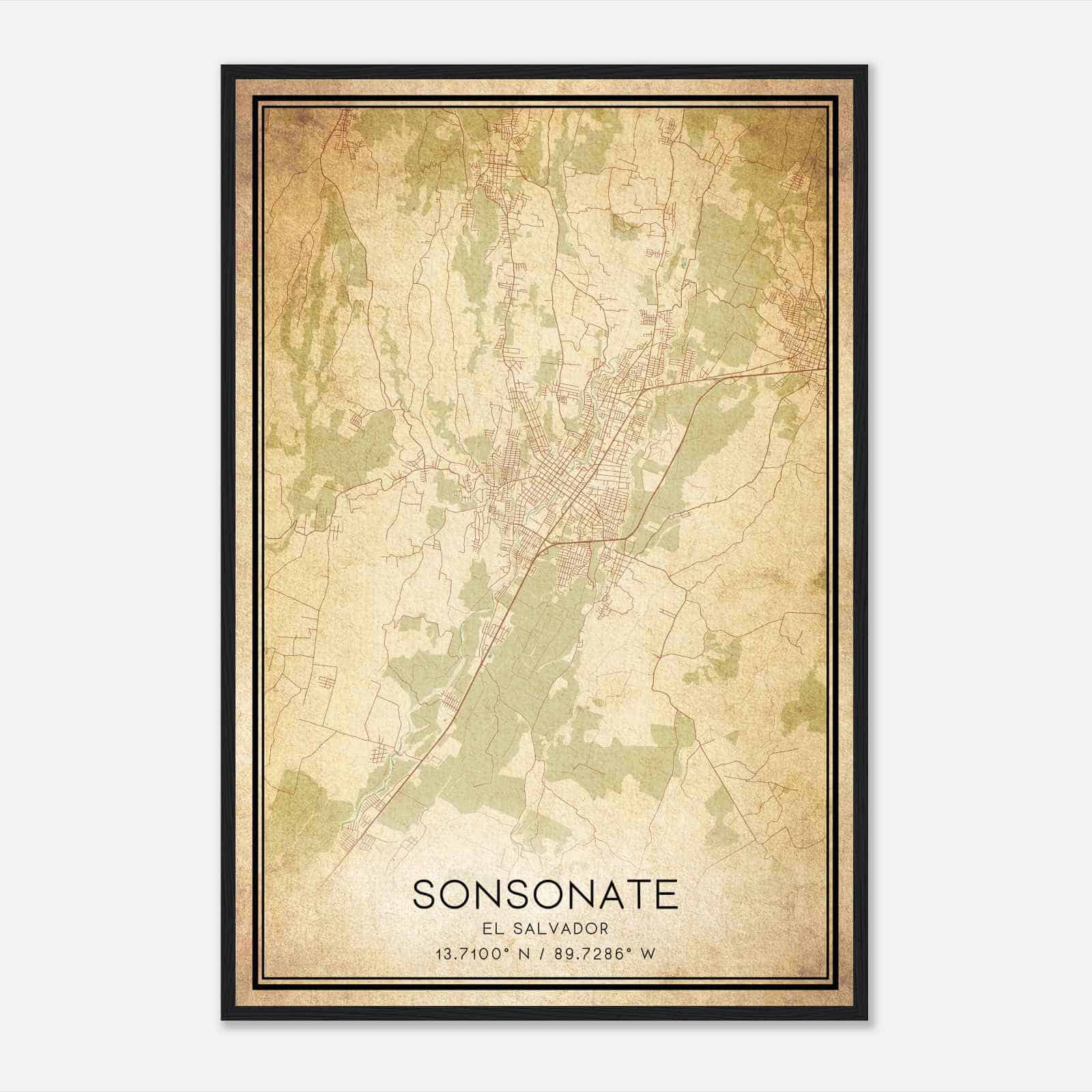 Vintage Sonsonate El Salvador Map Poster, Sonsonate City Road Wall Art ...