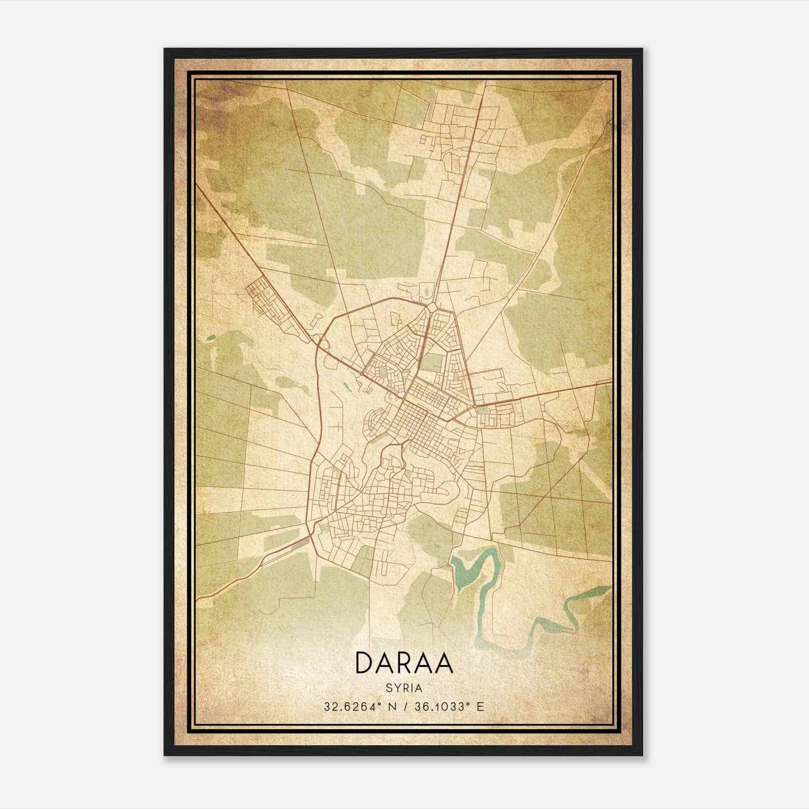 Vintage Daraa Syria Map Poster, Daraa City Road Wall Art Print - Custom ...