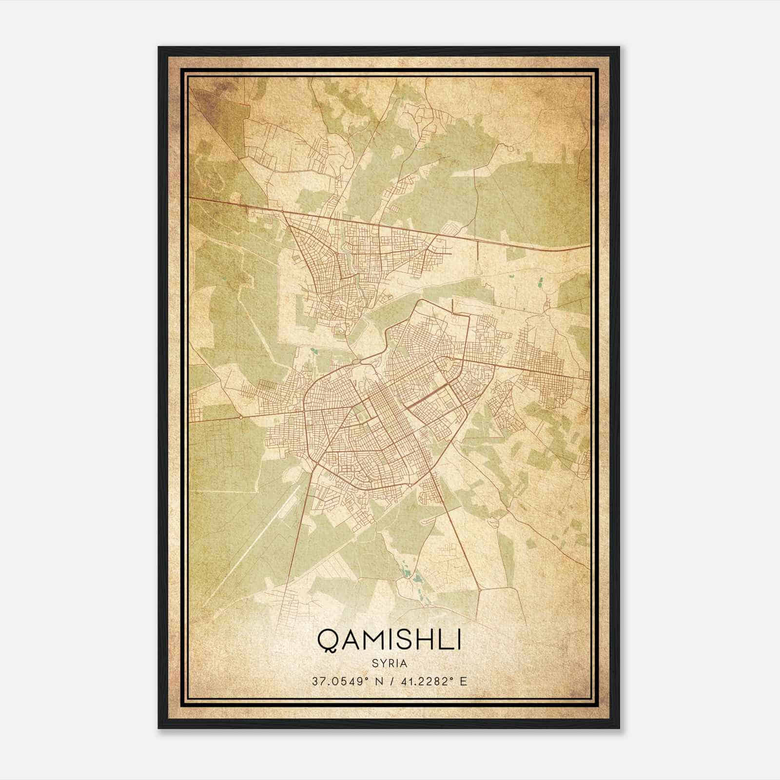 Vintage Qamishli Syria Map Poster, Qamishli City Road Wall Art Print ...