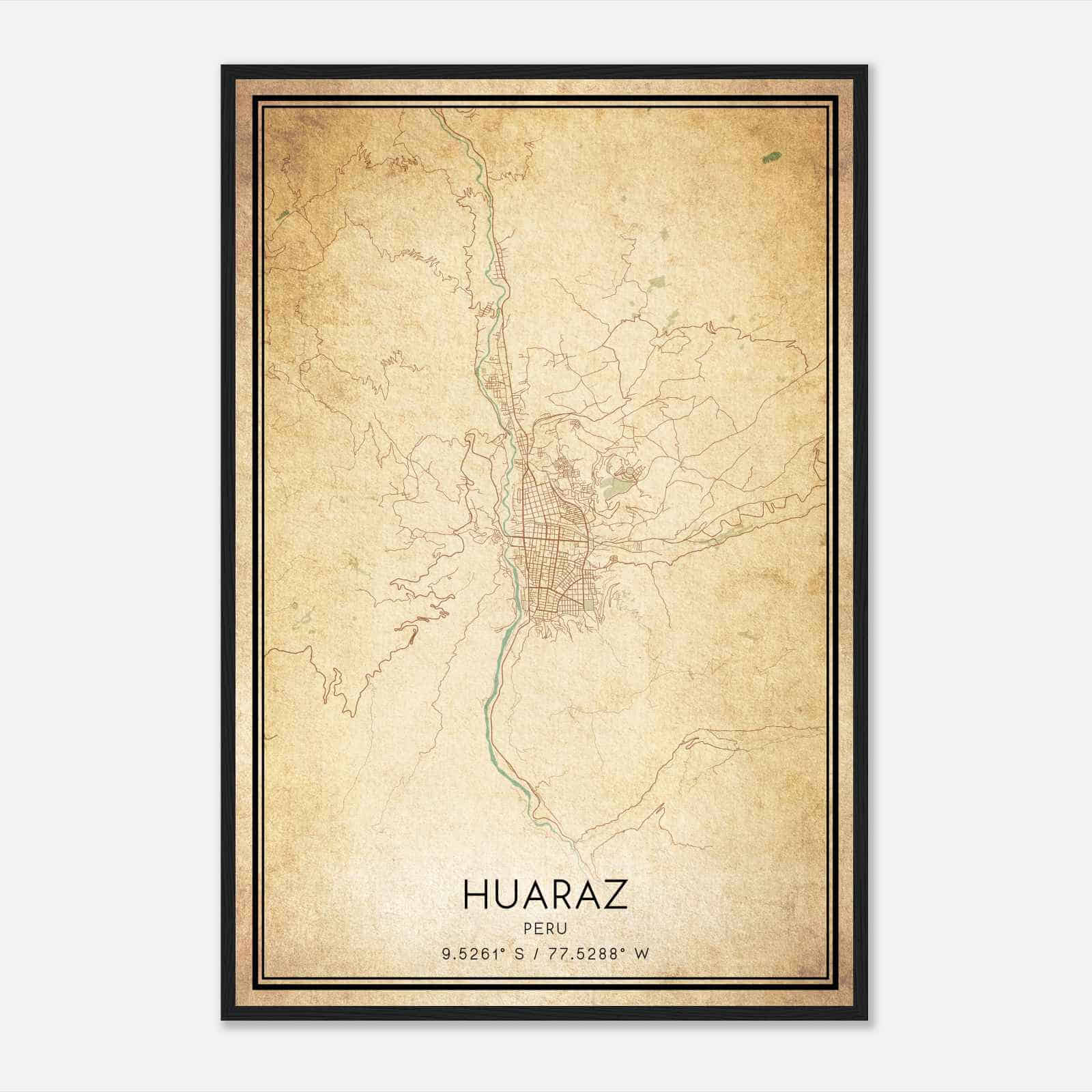 Vintage Huaraz Peru Map Poster, Huaraz City Road Wall Art Print ...