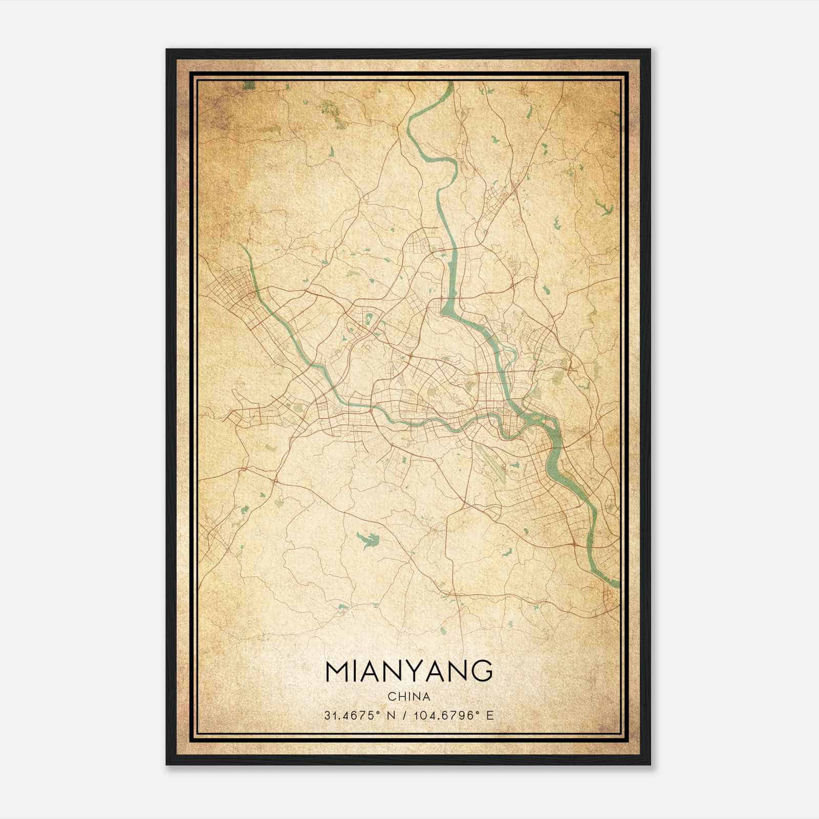 Vintage Mianyang China Map Poster, Mianyang City Road Wall Art Print - Custom Maps & Posters