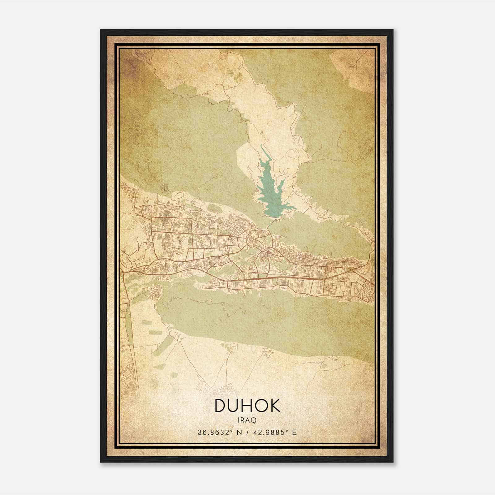 Vintage Duhok Iraq Map Poster, Duhok City Road Wall Art Print - Custom ...