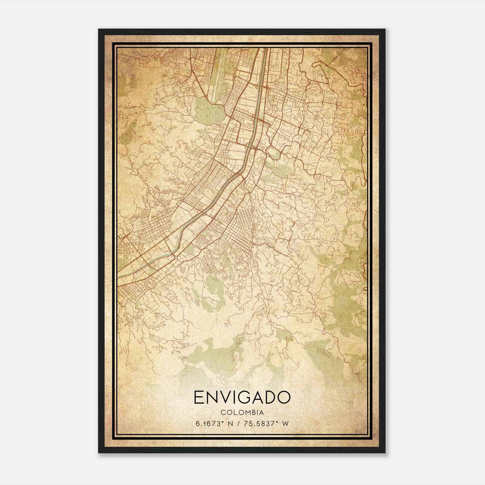 Vintage Envigado Colombia Map Poster, Envigado City Road Wall Art Print ...