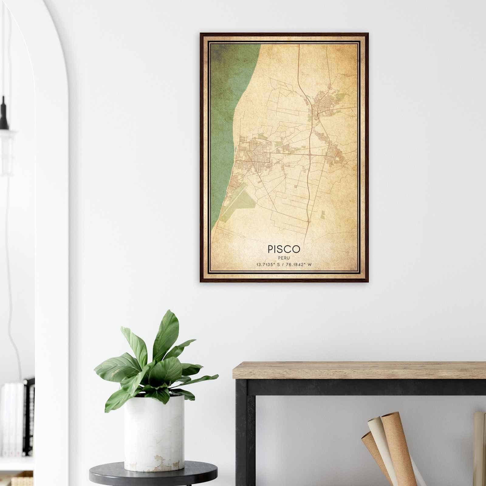 Vintage Pisco Peru Map Poster, Pisco City Road Wall Art Print - Custom ...