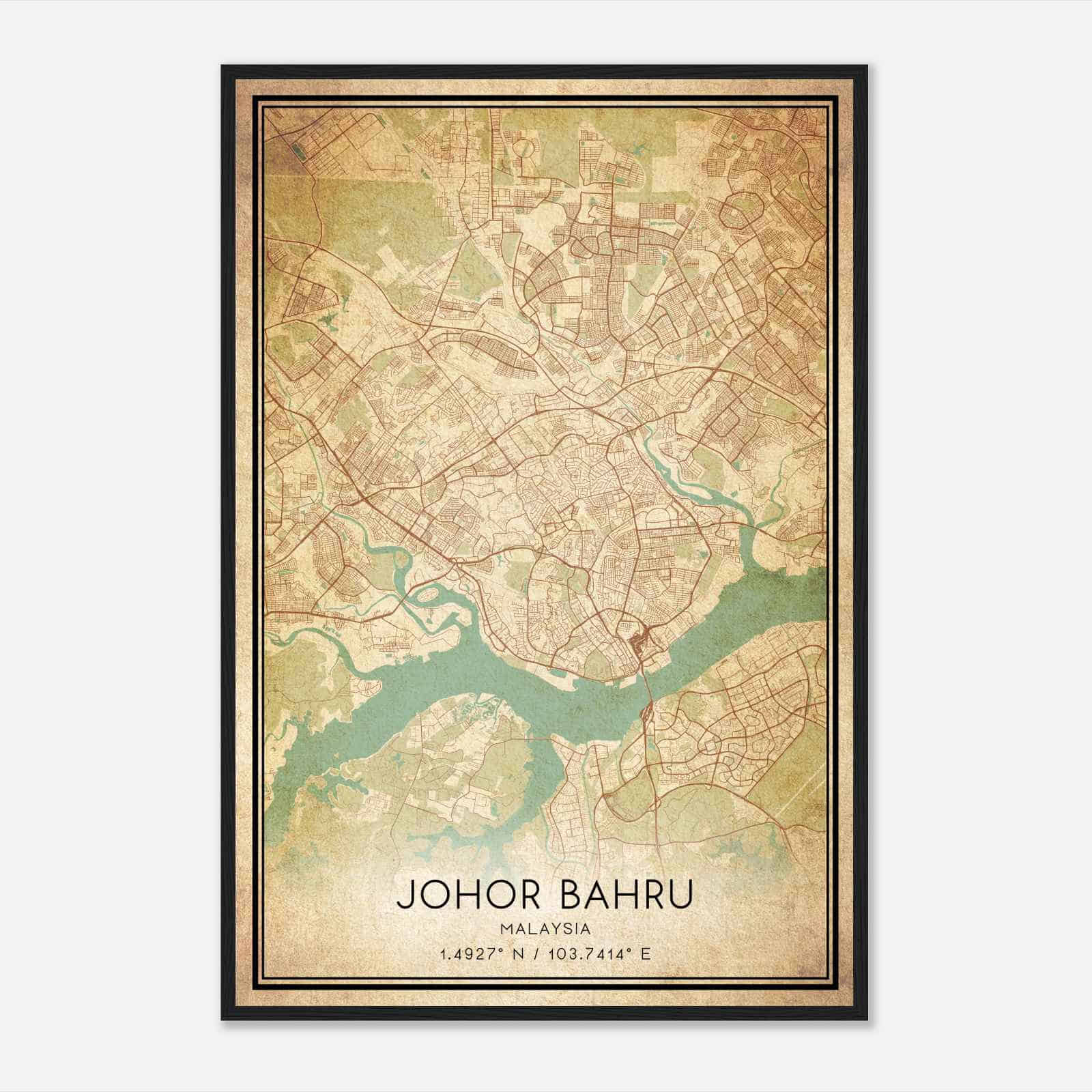 Vintage Johor Bahru Malaysia Map Poster, Johor Bahru City Road Wall Art ...