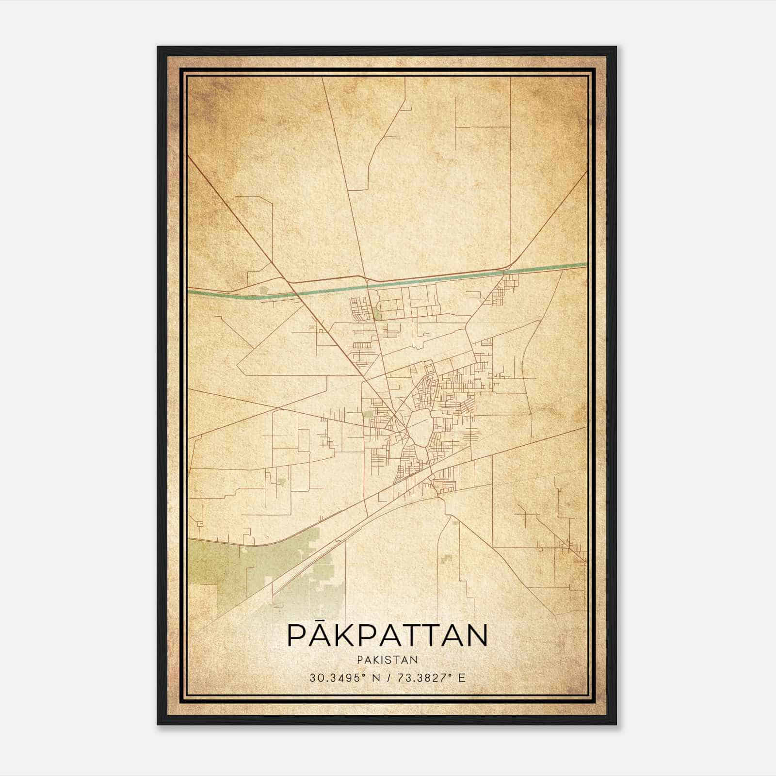 Vintage Pakpattan Pakistan Map Poster, Pakpattan City Road Wall Art ...