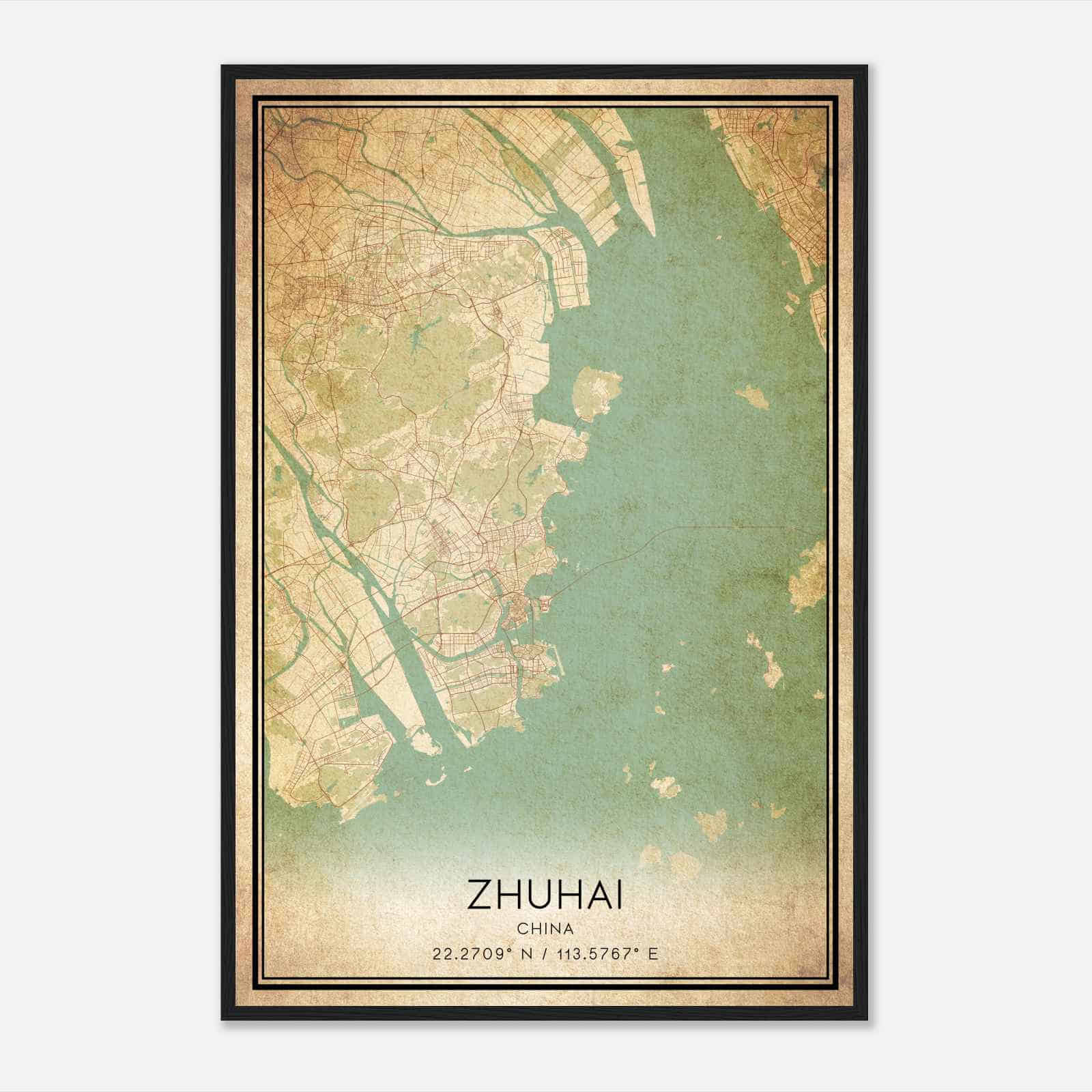 Vintage Zhuhai China Map Poster, Zhuhai City Road Wall Art Print ...