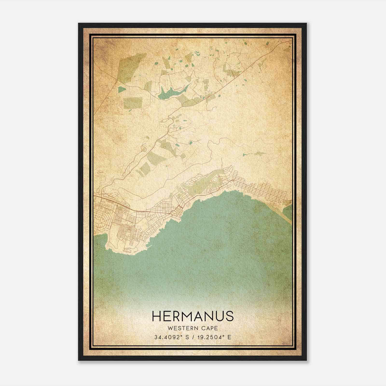 Vintage Hermanus Western Cape Map Poster, Hermanus City Road Wall Art ...