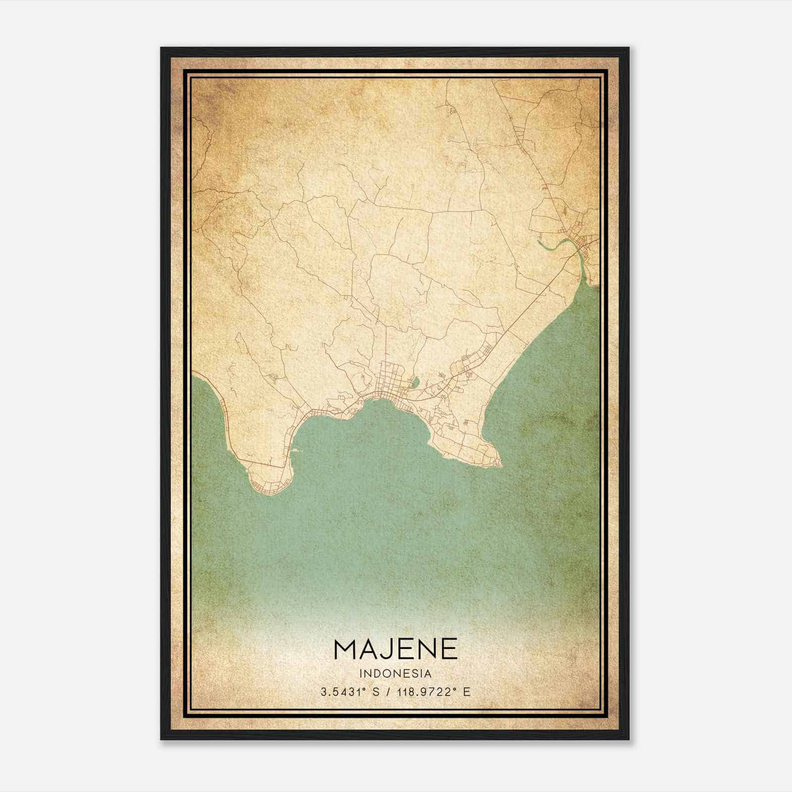 Vintage Majene Indonesia Map Poster, Majene City Road Wall Art Print ...