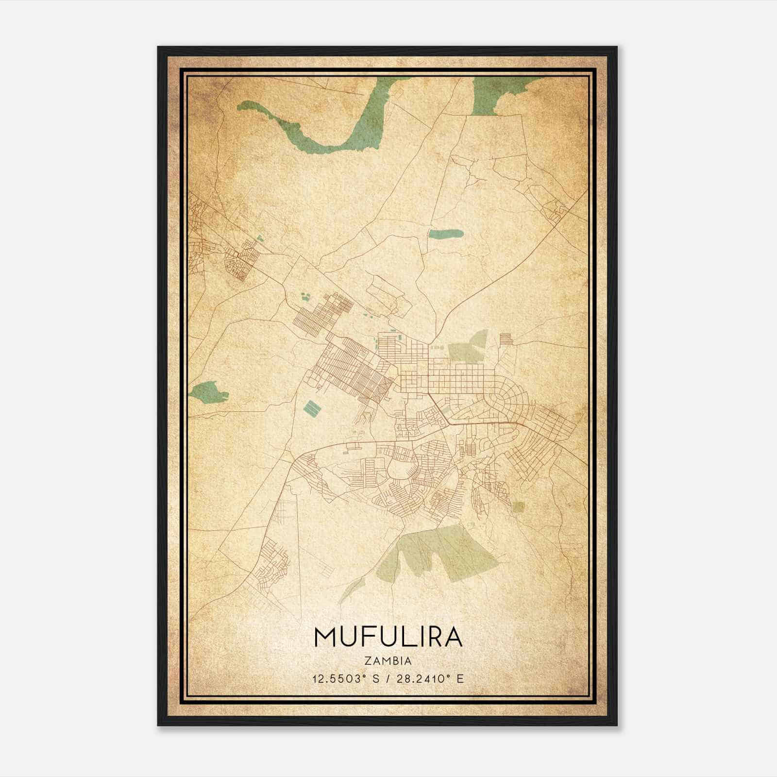 Vintage Mufulira Zambia Map Poster, Mufulira City Road Wall Art Print ...