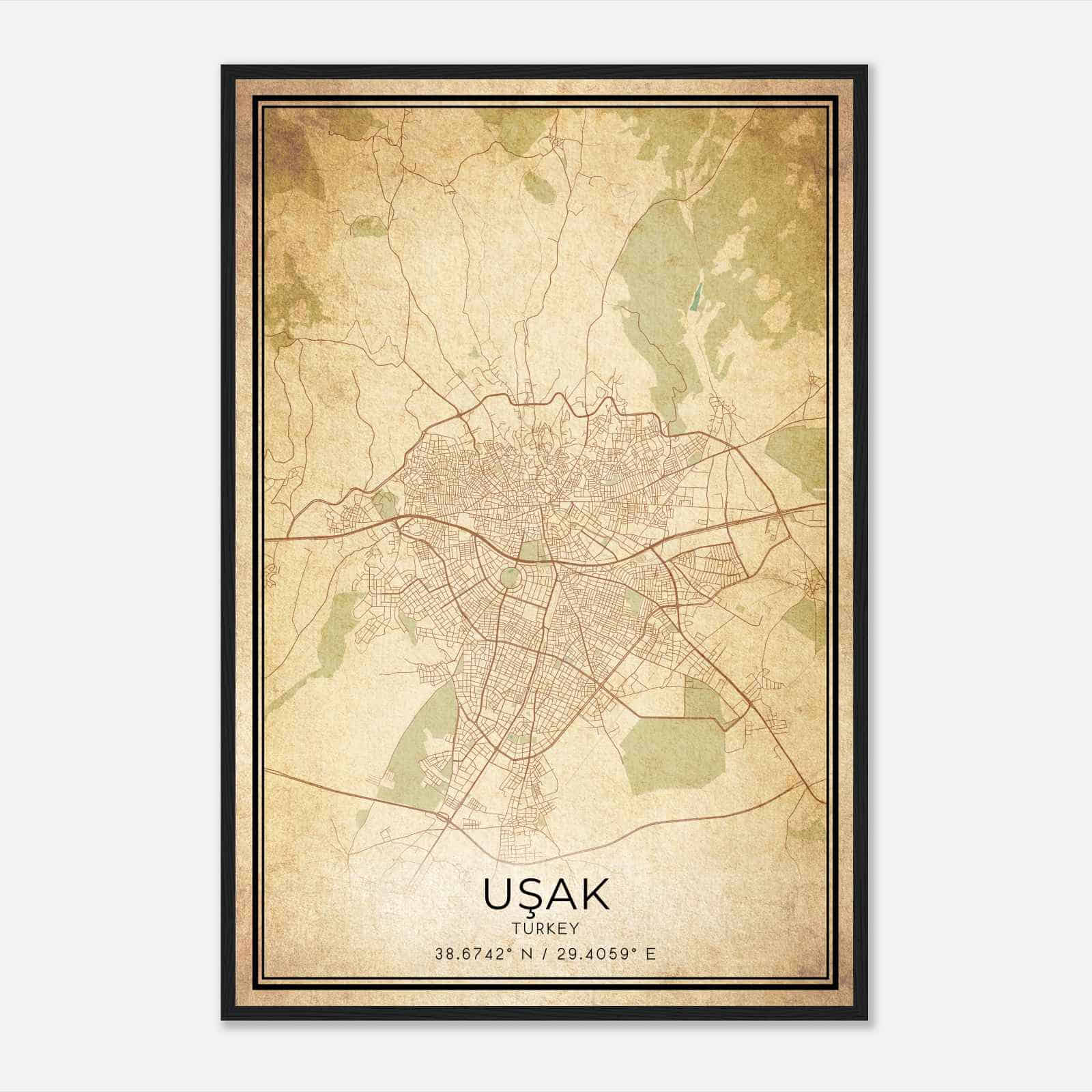 Vintage Usak Turkey Map Poster, Usak City Road Wall Art Print - Custom ...