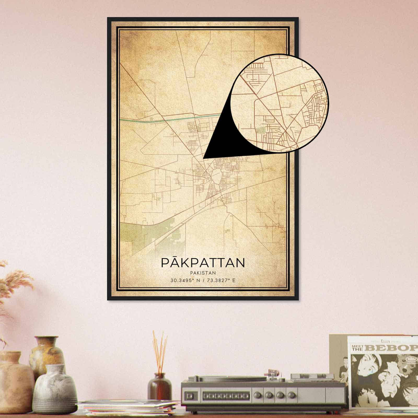 Vintage Pakpattan Pakistan Map Poster, Pakpattan City Road Wall Art ...