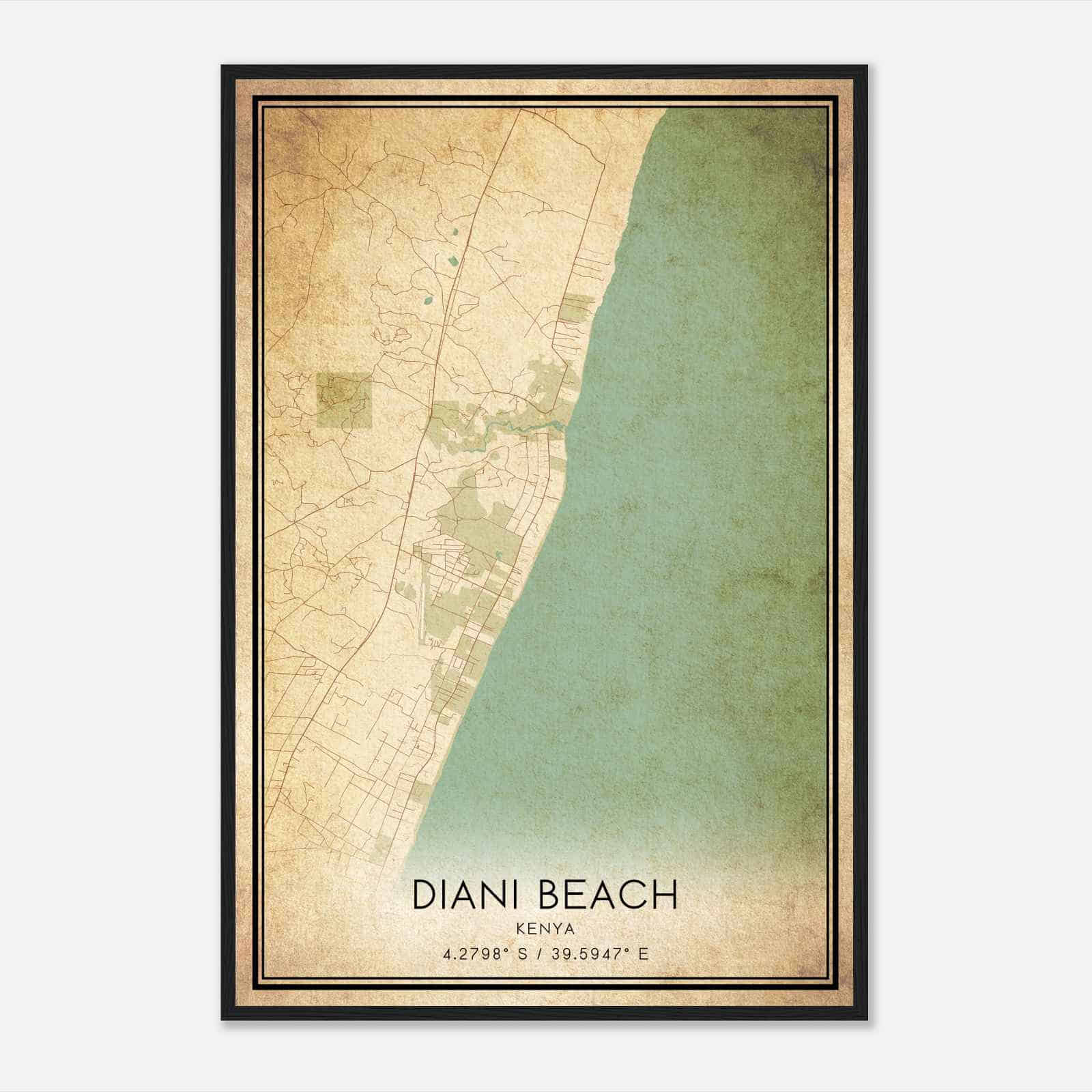 Vintage Diani Beach Kenya Map Poster, Diani Beach City Road Wall Art ...