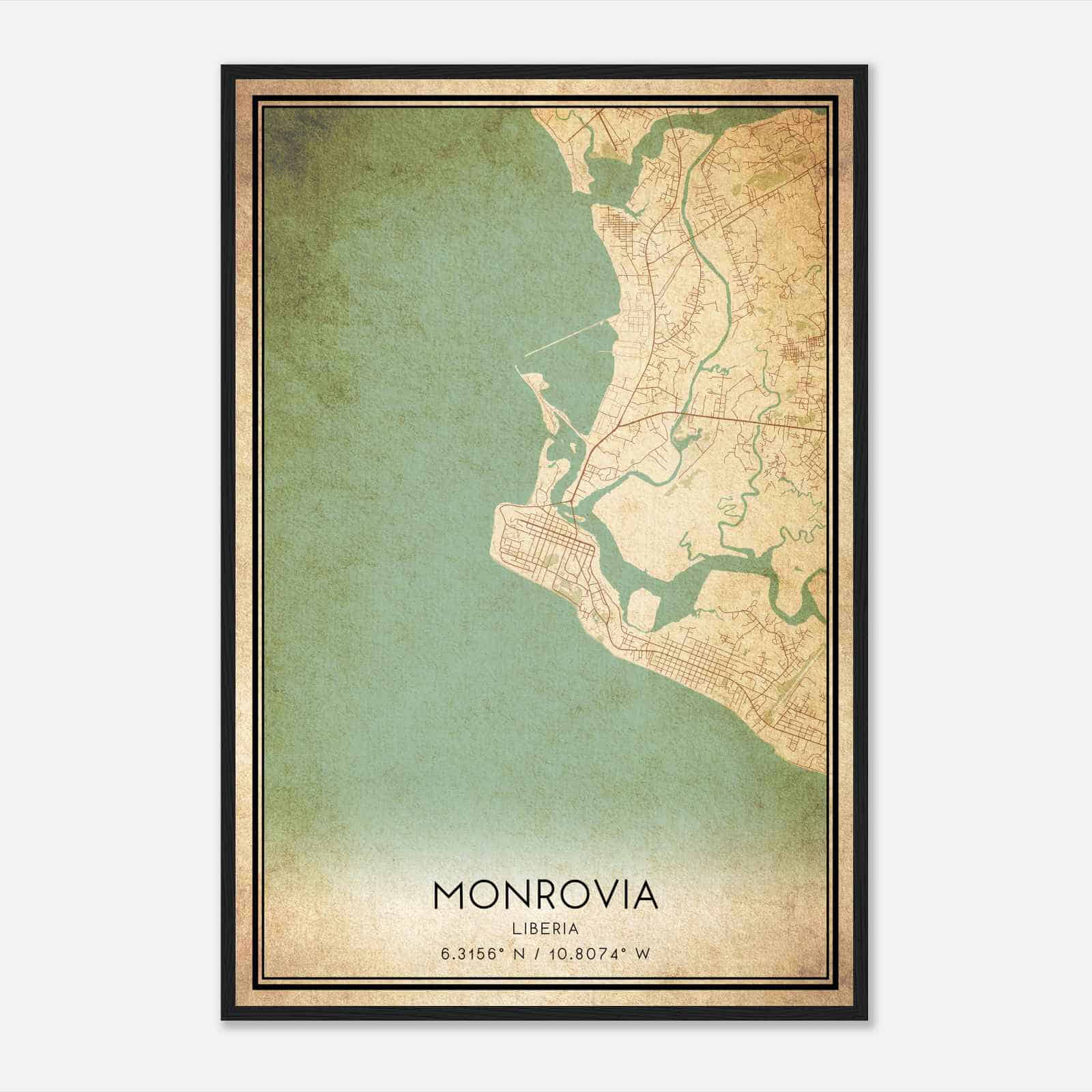 Vintage Monrovia Liberia Map Poster, Monrovia City Road Wall Art Print ...