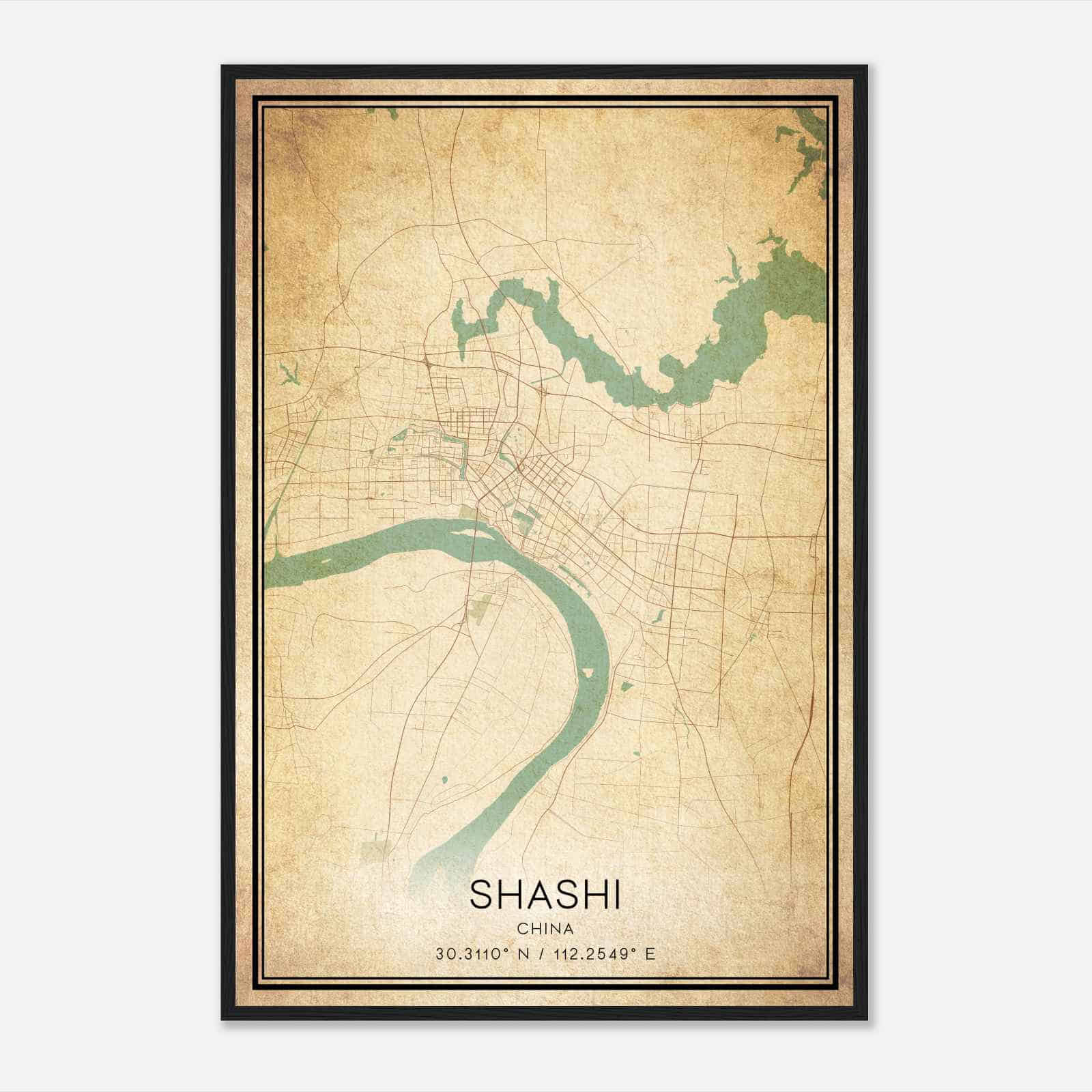 Vintage Shashi China Map Poster, Shashi City Road Wall Art Print ...