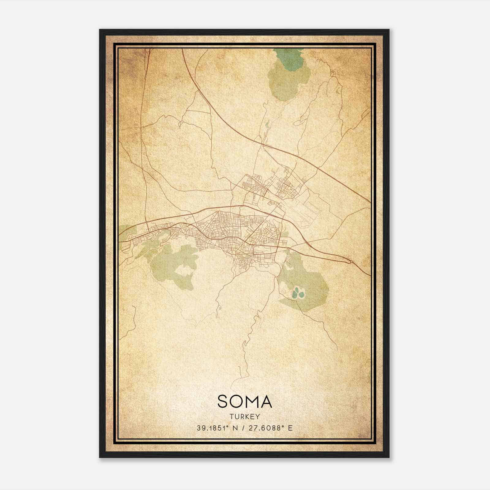 Vintage Soma Turkey Map Poster, Soma City Road Wall Art Print - Custom ...