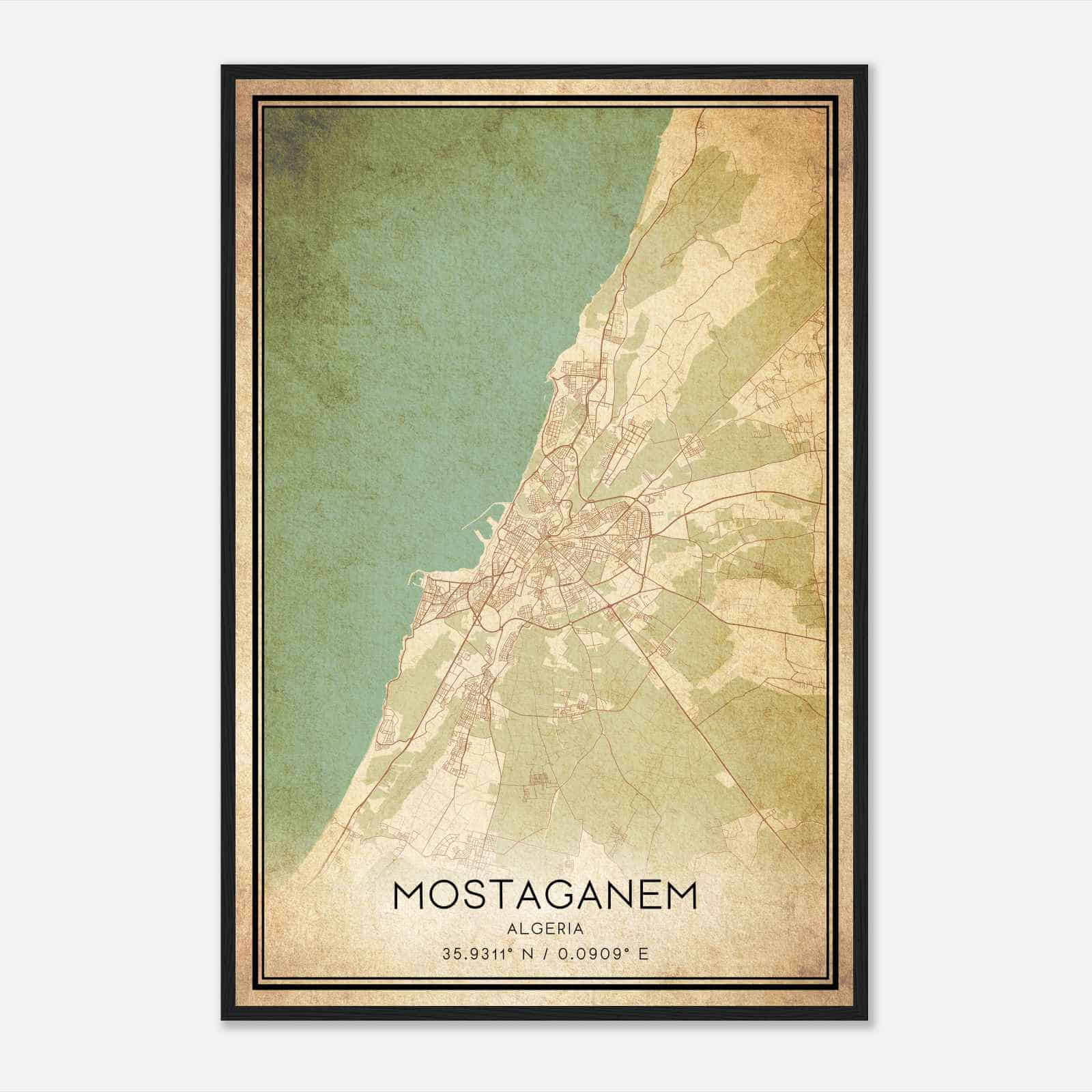 Vintage Mostaganem Algeria Map Poster, Mostaganem City Road Wall Art ...