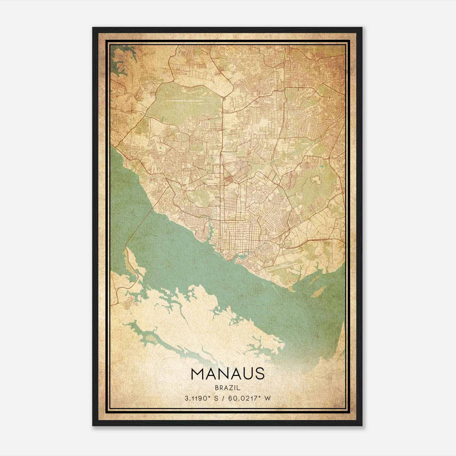 Vintage Manaus Brazil Map Poster, Manaus City Road Wall Art Print ...