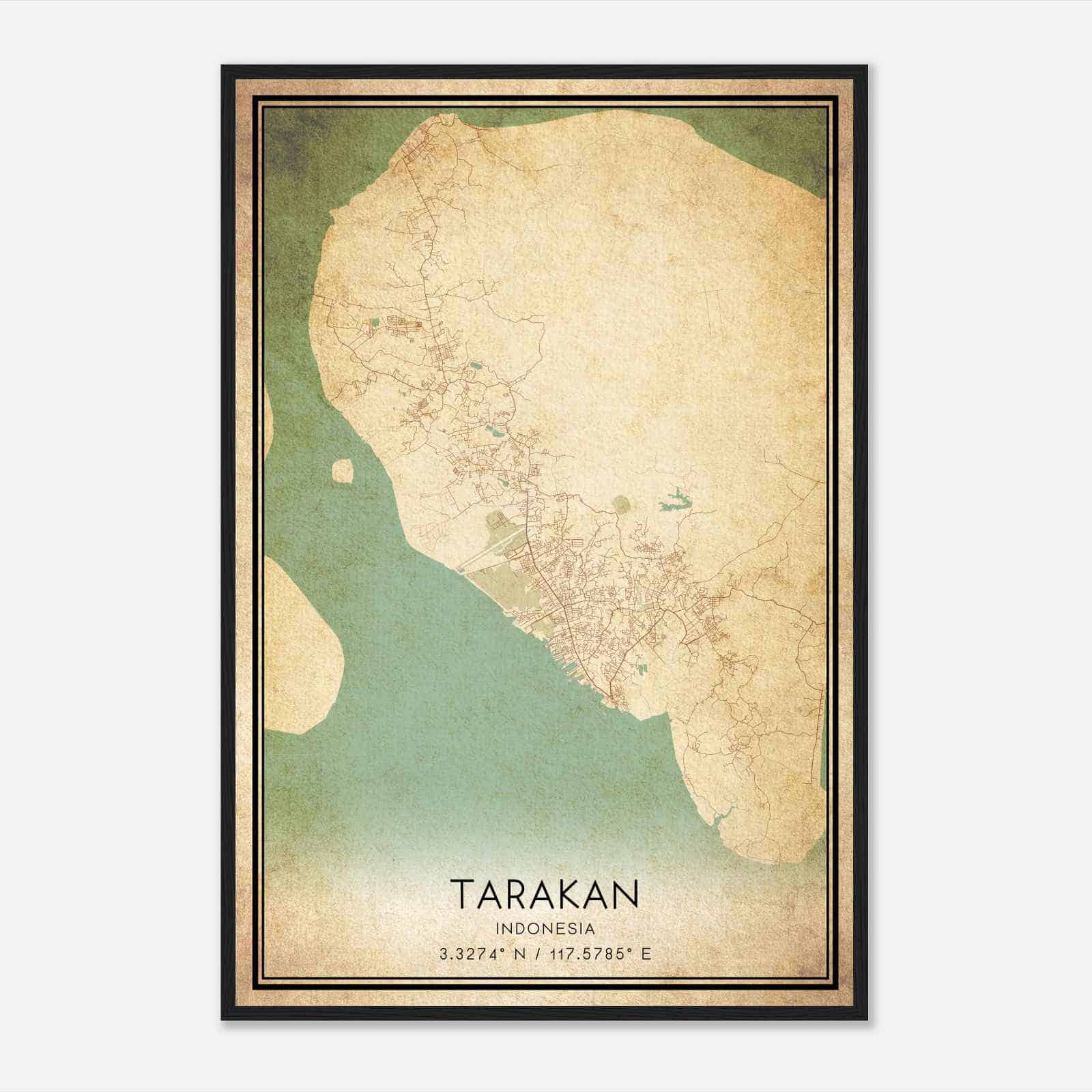Vintage Tarakan Indonesia Map Poster, Tarakan City Road Wall Art Print ...