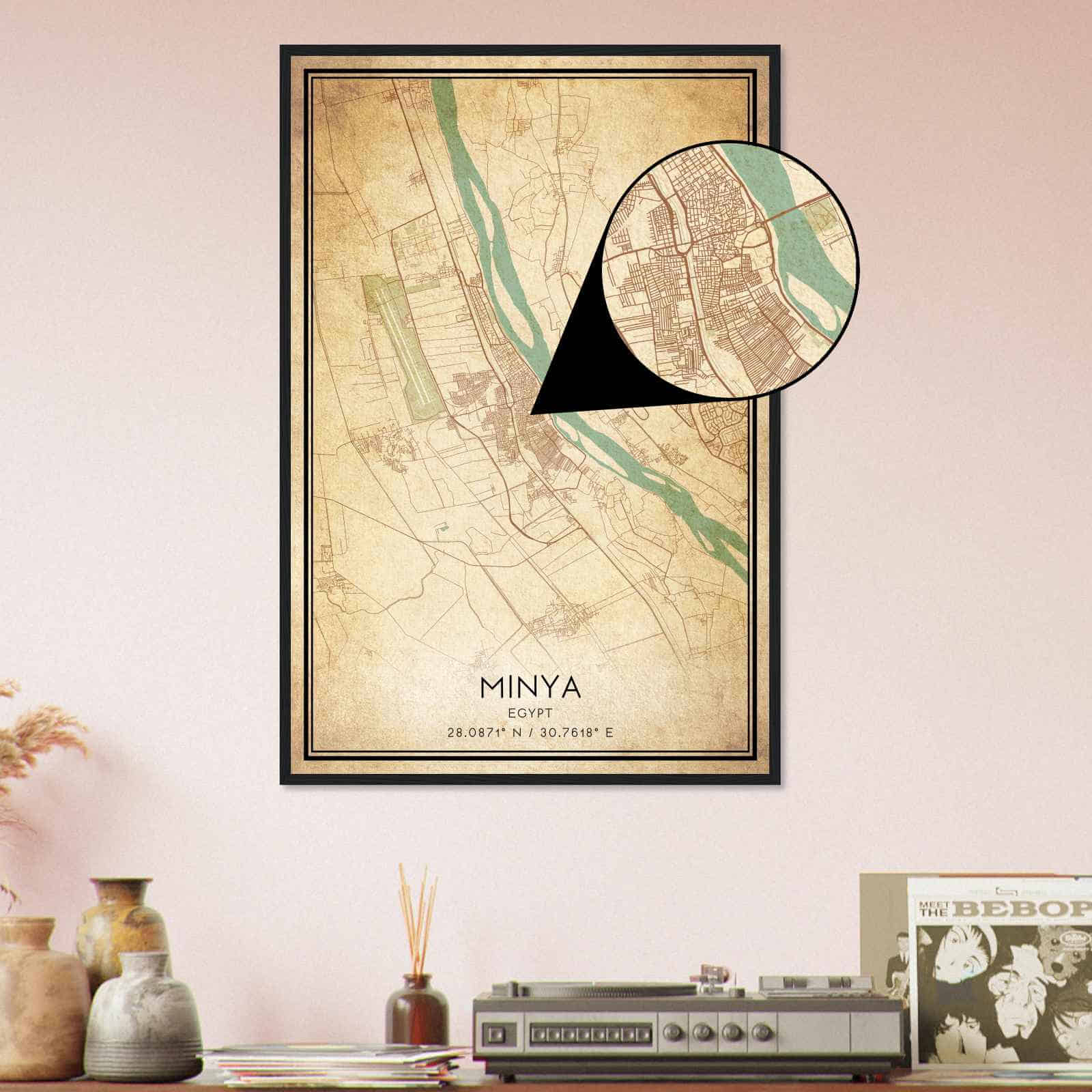 Vintage Minya Egypt Map Poster, Minya City Road Wall Art Print - Custom ...