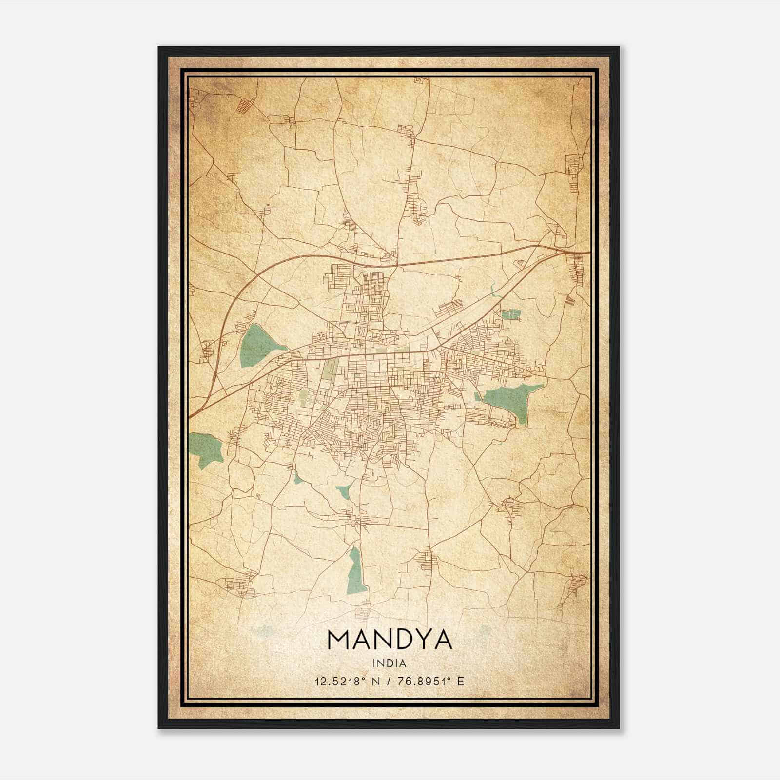 Vintage Mandya India Map Poster, Mandya City Road Wall Art Print ...