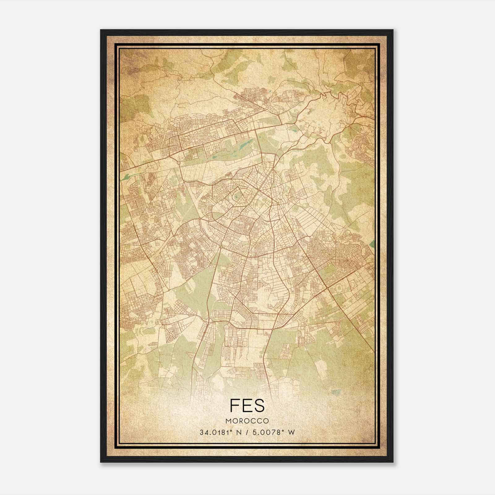 Vintage Fes Morocco Map Poster, Fes City Road Wall Art Print - Custom ...